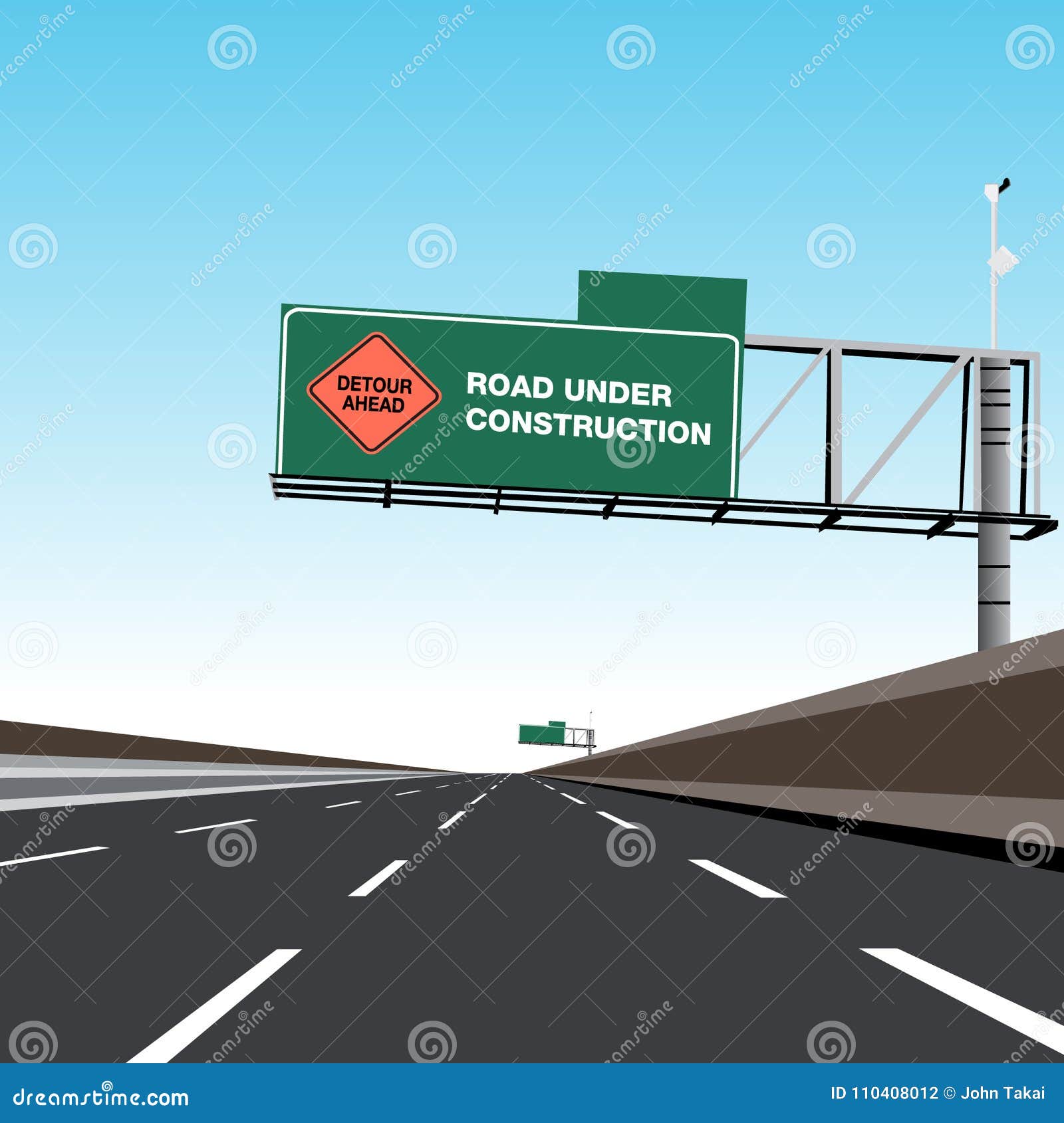 Empty Freeway Road Under Construction Detour Sign Stock Vector ...