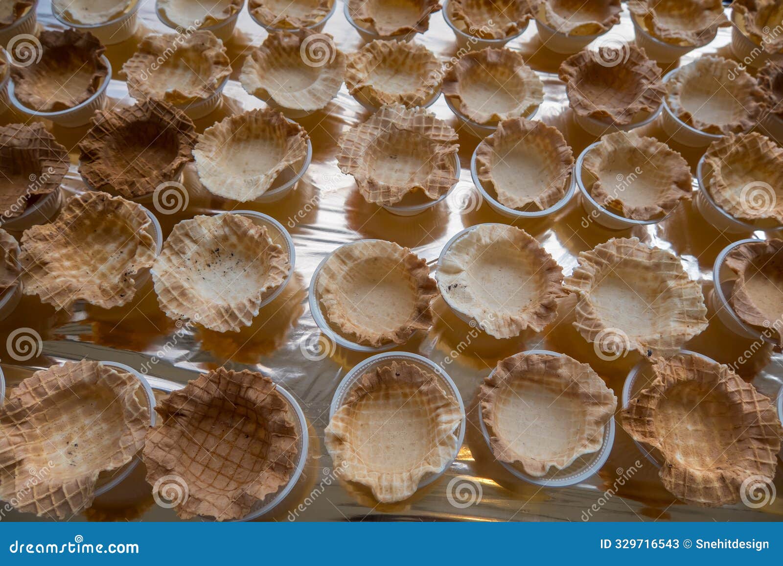 Empty Fresh Wafer Ice Cream Cone Cups in a Row, Close Up View Stock ...