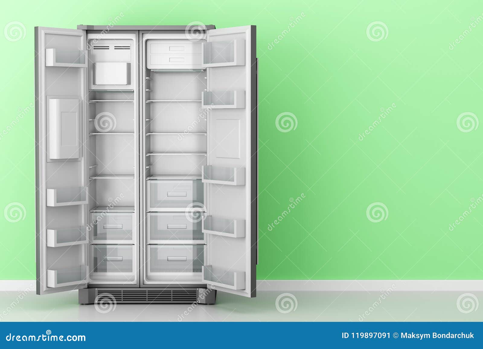 Empty Fridge Glass Sliding Doors. Modern Supermarket Commercial Freezer ...