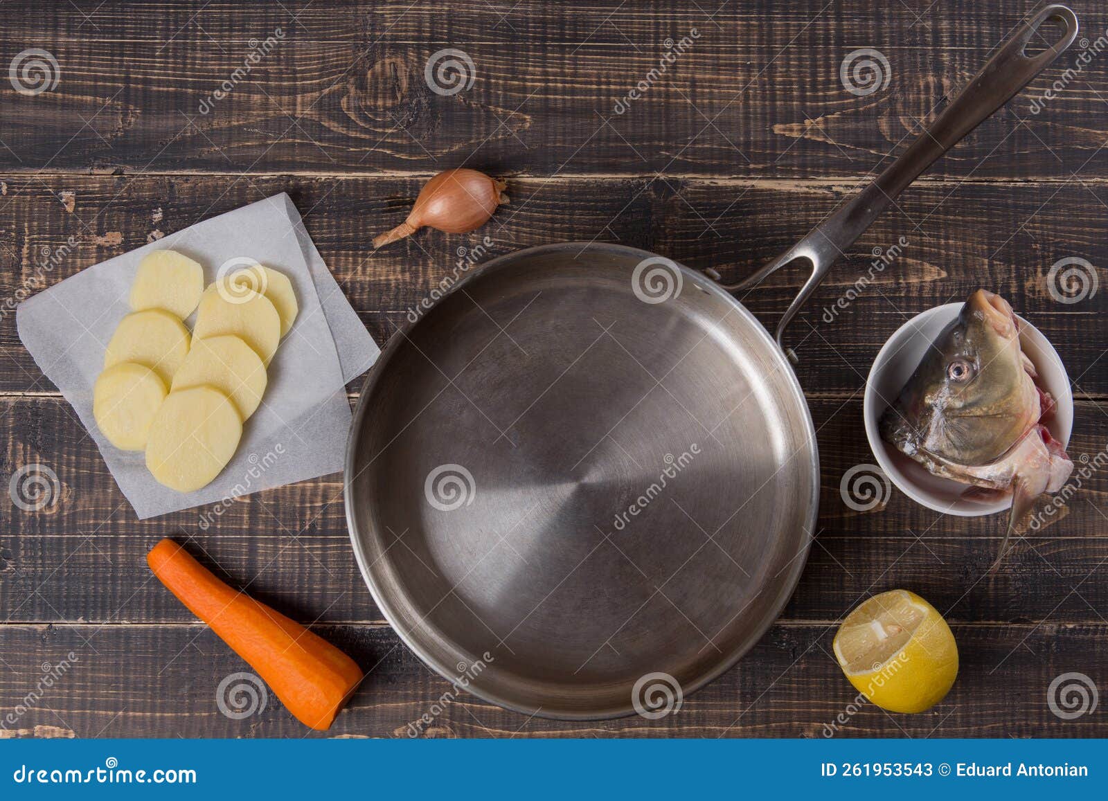Empty Frying Pan, Chopped Vegetables and Fish, Cooking Fish Dishes ...