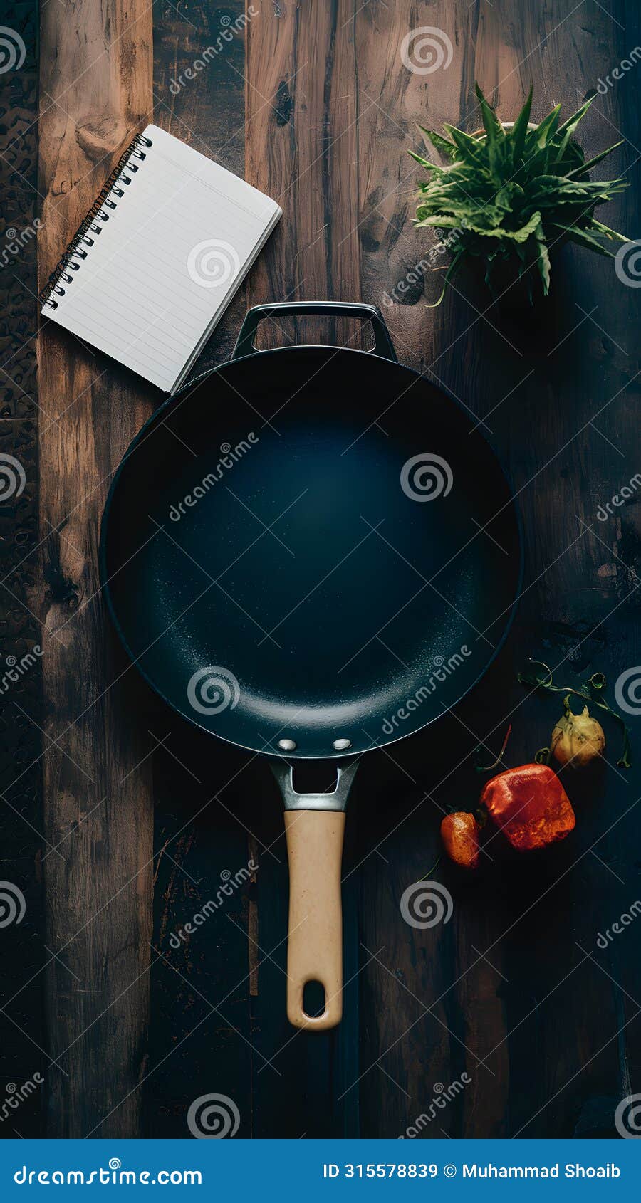 Set Frying Pan, Paper Package For Milk, Measuring Cup And Oven Glove On ...