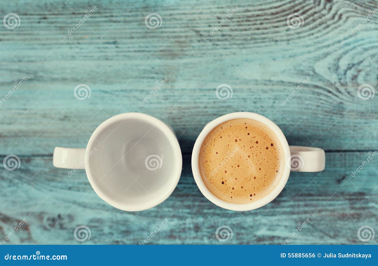 Empty and Full Cup of Fresh Coffee on Vintage Blue Table Stock Photo ...