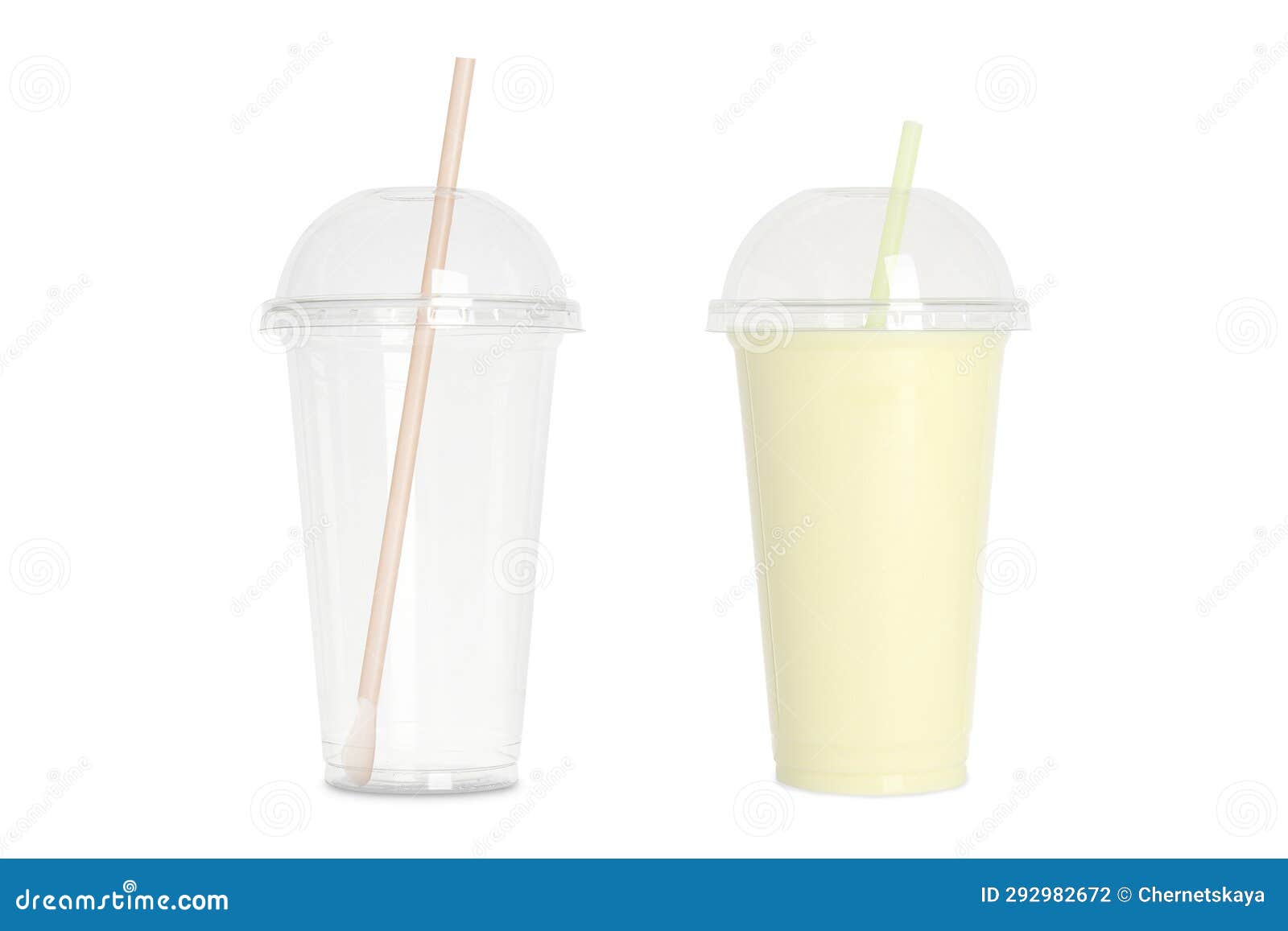 Empty and Full Smoothie Plastic Cups Isolated on White, Set Stock Photo ...