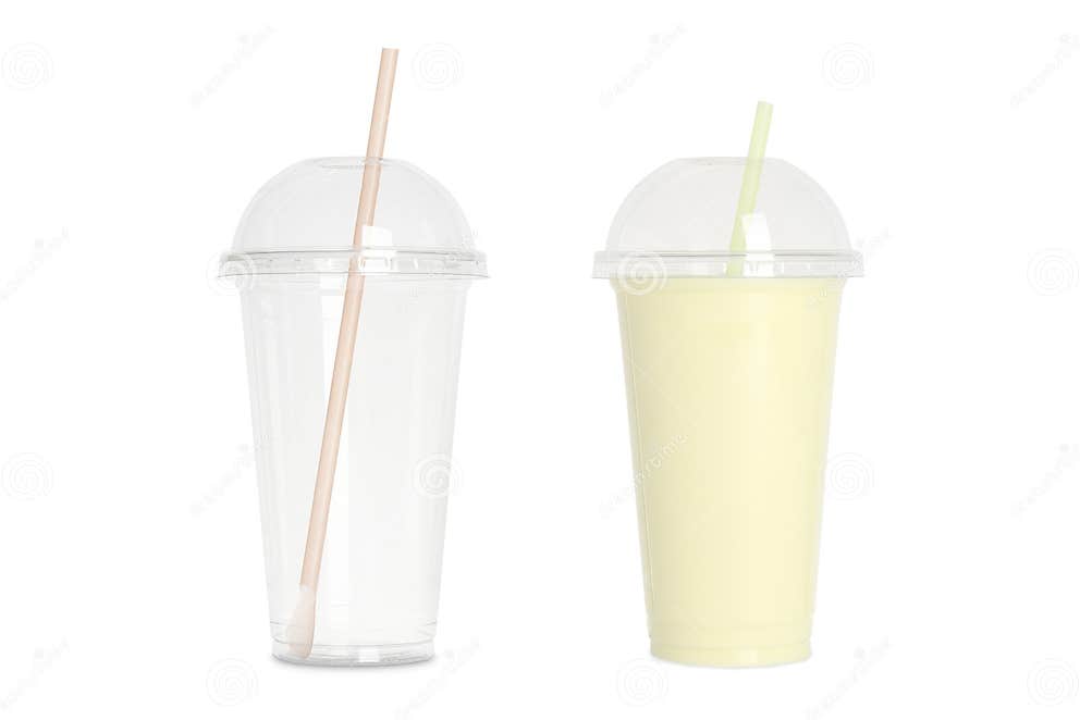 Empty and Full Smoothie Plastic Cups Isolated on White, Set Stock Photo ...