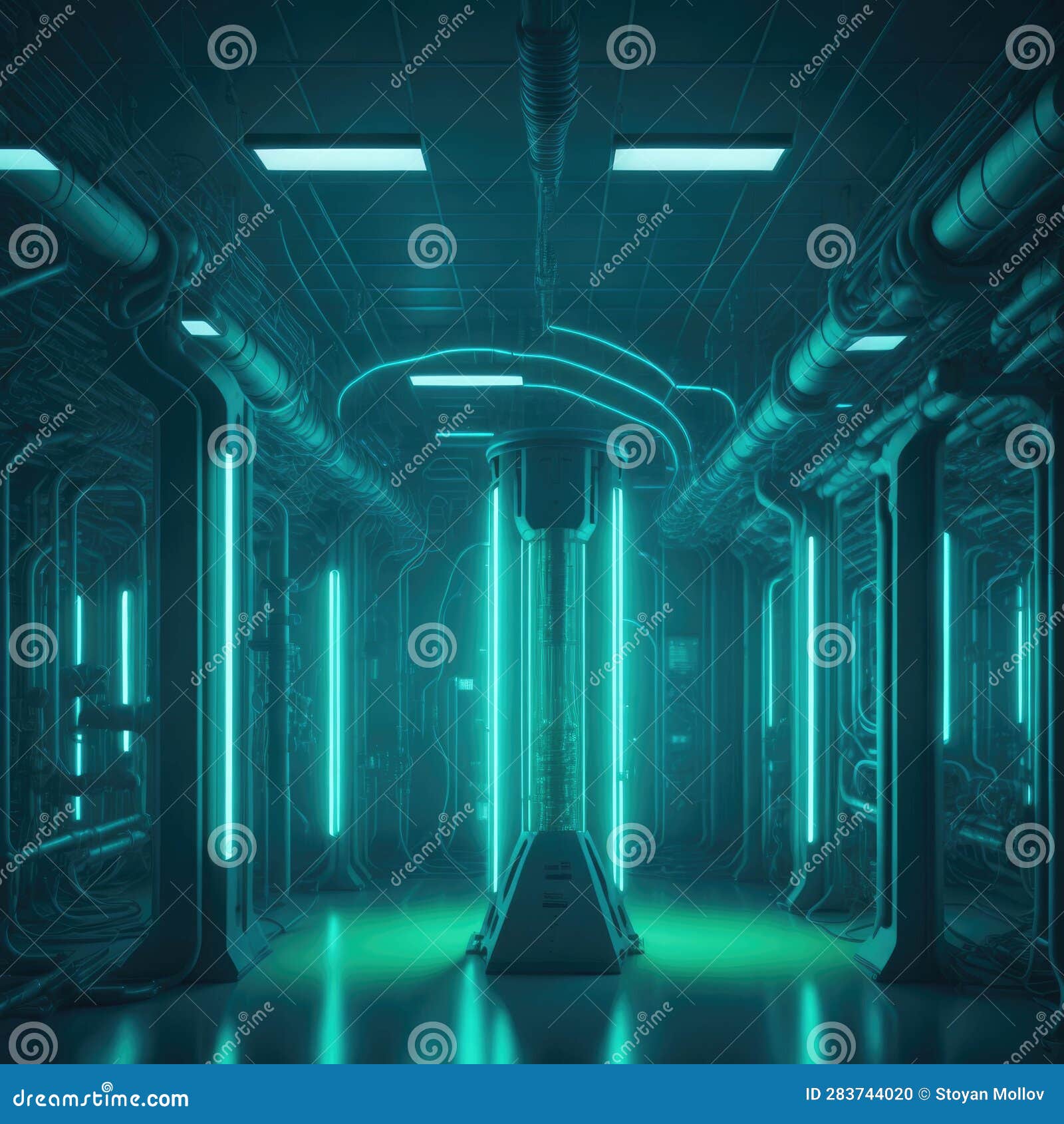 Empty Futuristic Sci-Fi Science Laboratory, Neon Lights on Wall and ...