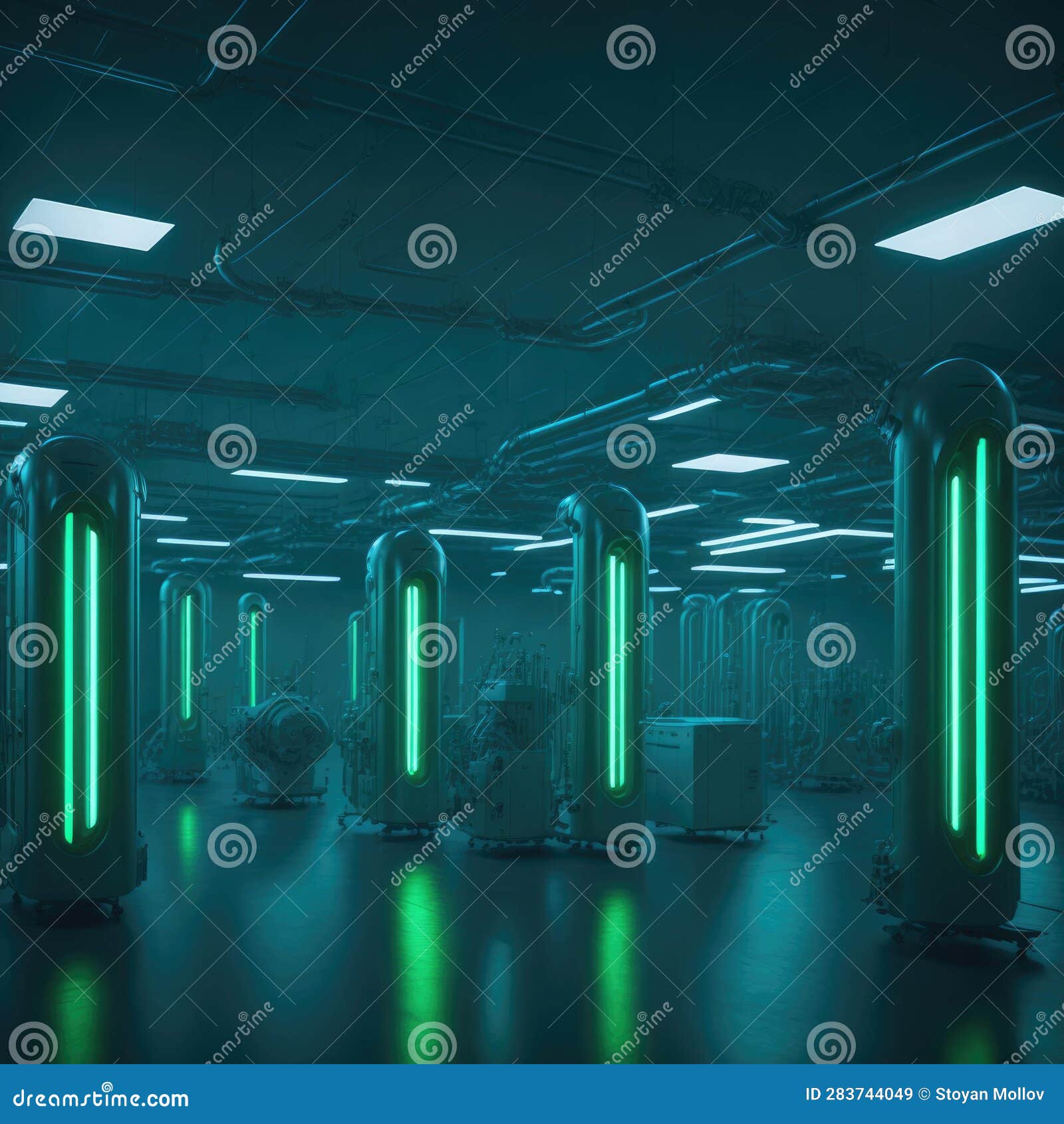 Empty Futuristic Sci-Fi Science Laboratory, Neon Lights on Wall and ...