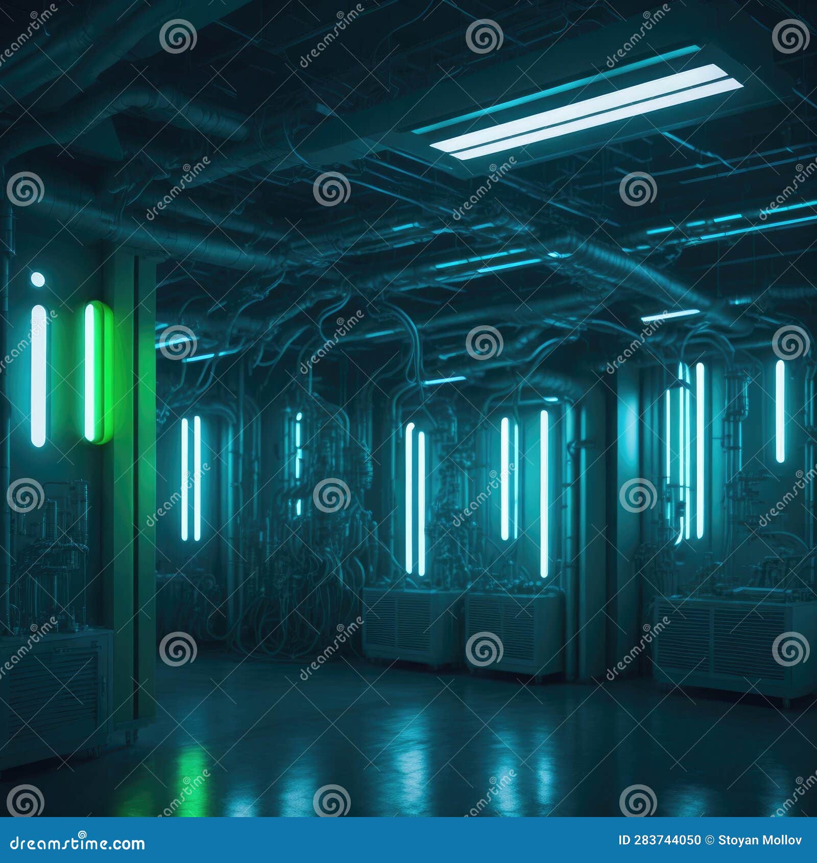 Empty Futuristic Sci-Fi Science Laboratory, Neon Lights on Wall and ...