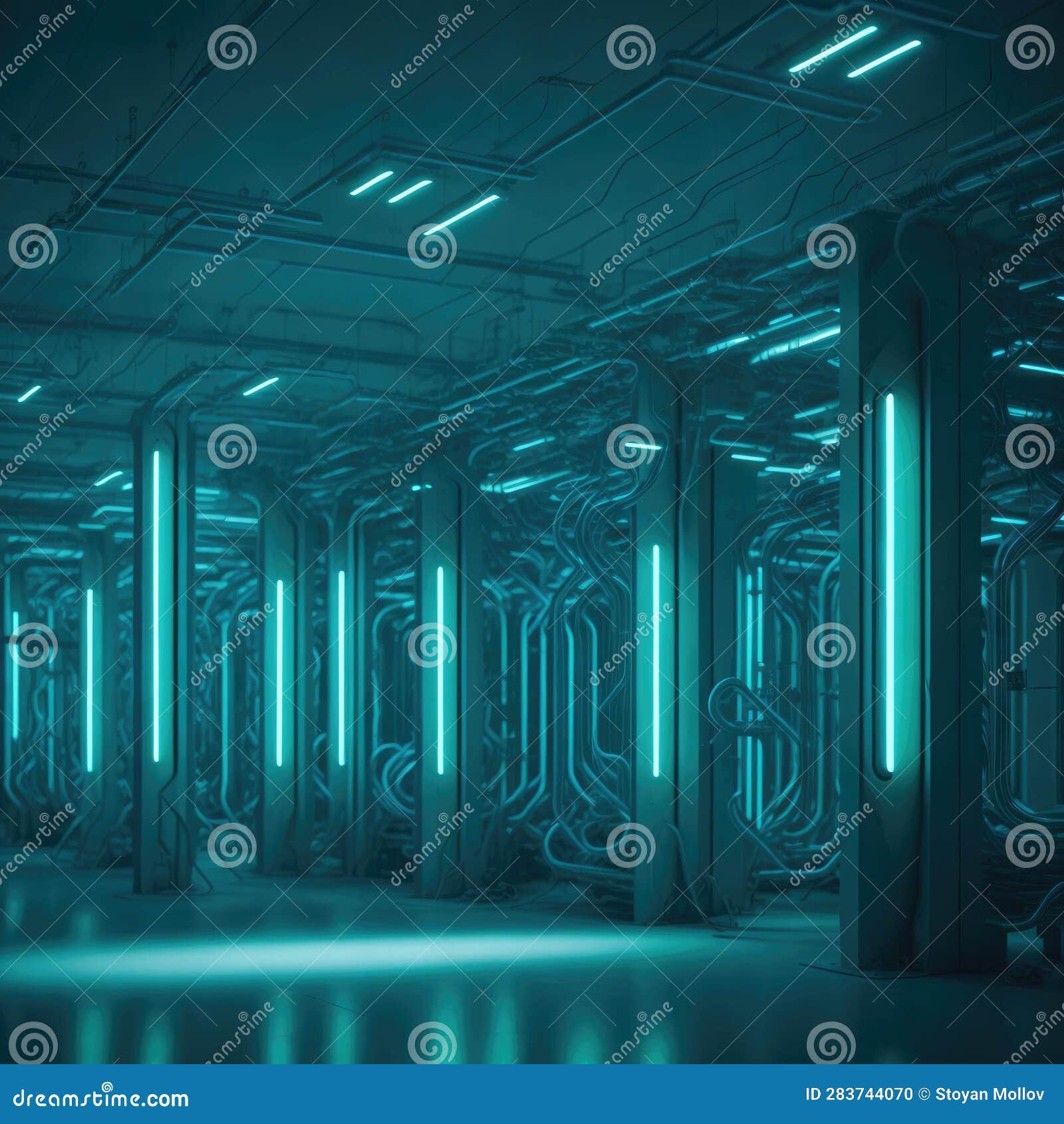 Empty Futuristic Sci-Fi Science Laboratory, Neon Lights on Wall and ...