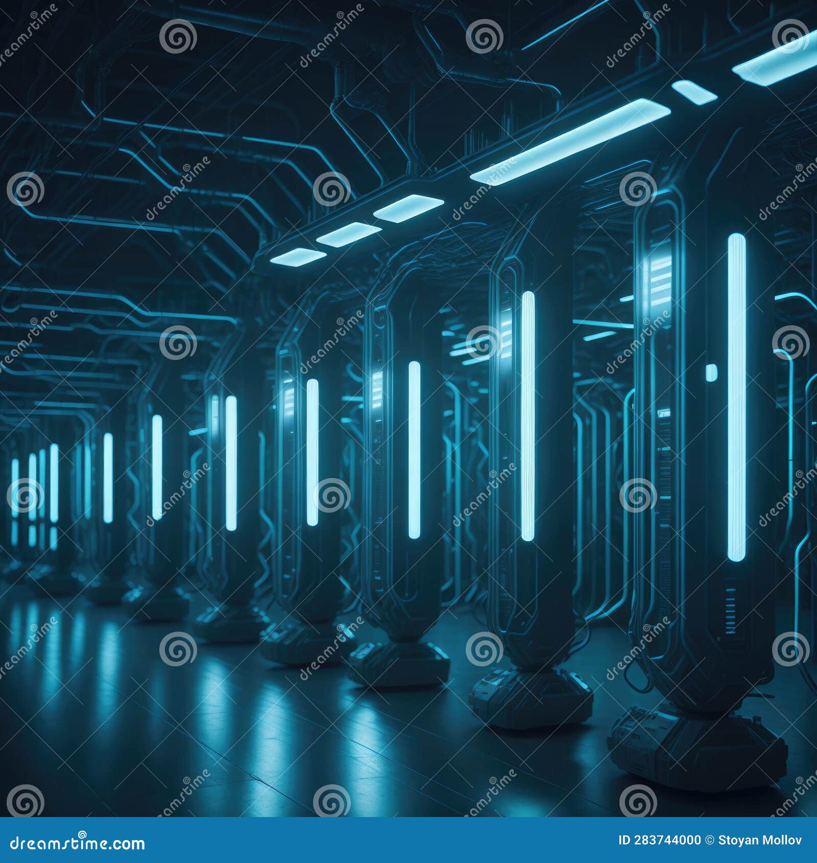 Empty Futuristic Sci-Fi Science Laboratory, Neon Lights on Wall and ...