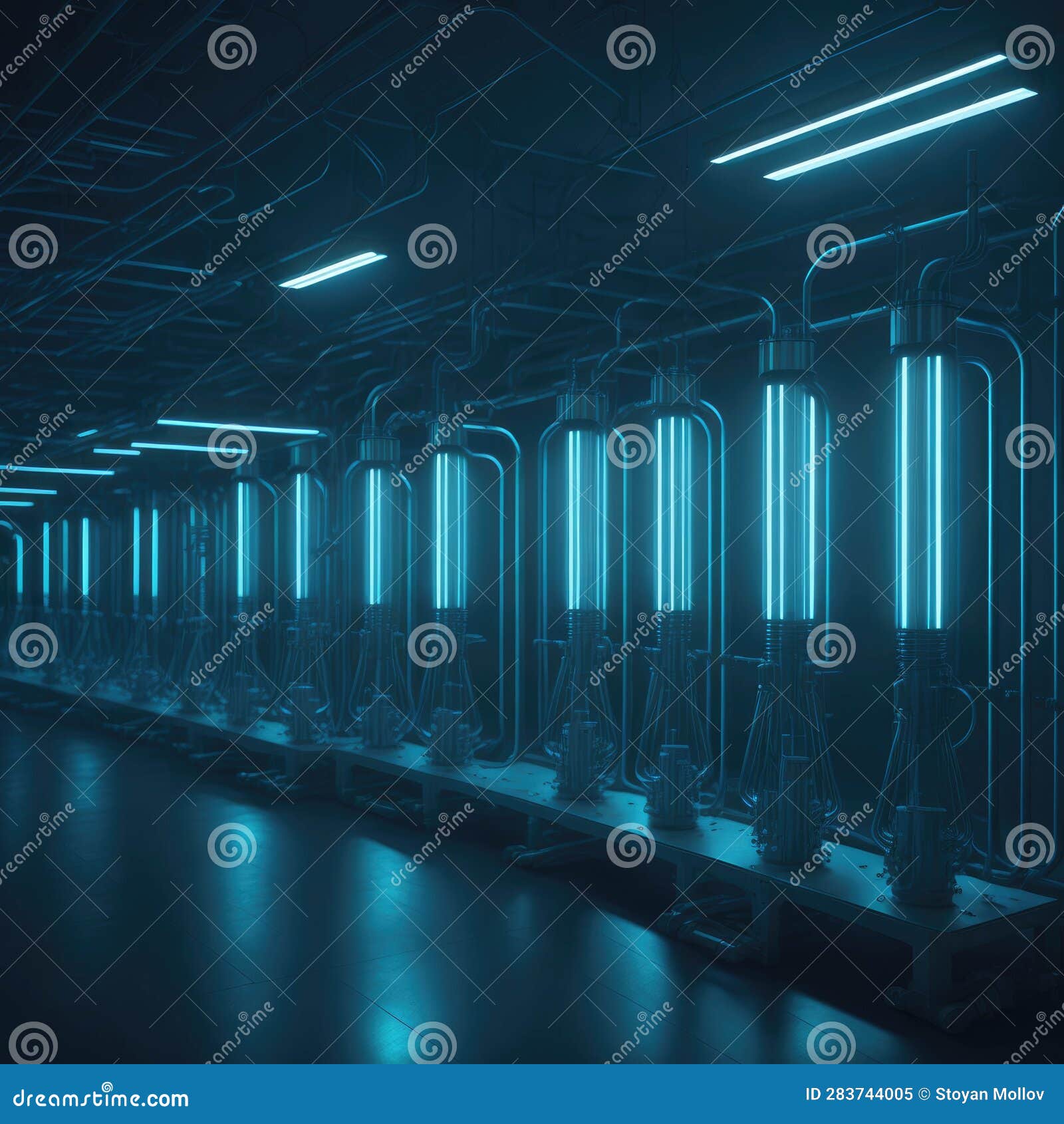 Empty Futuristic Sci-Fi Science Laboratory, Neon Lights on Wall and ...