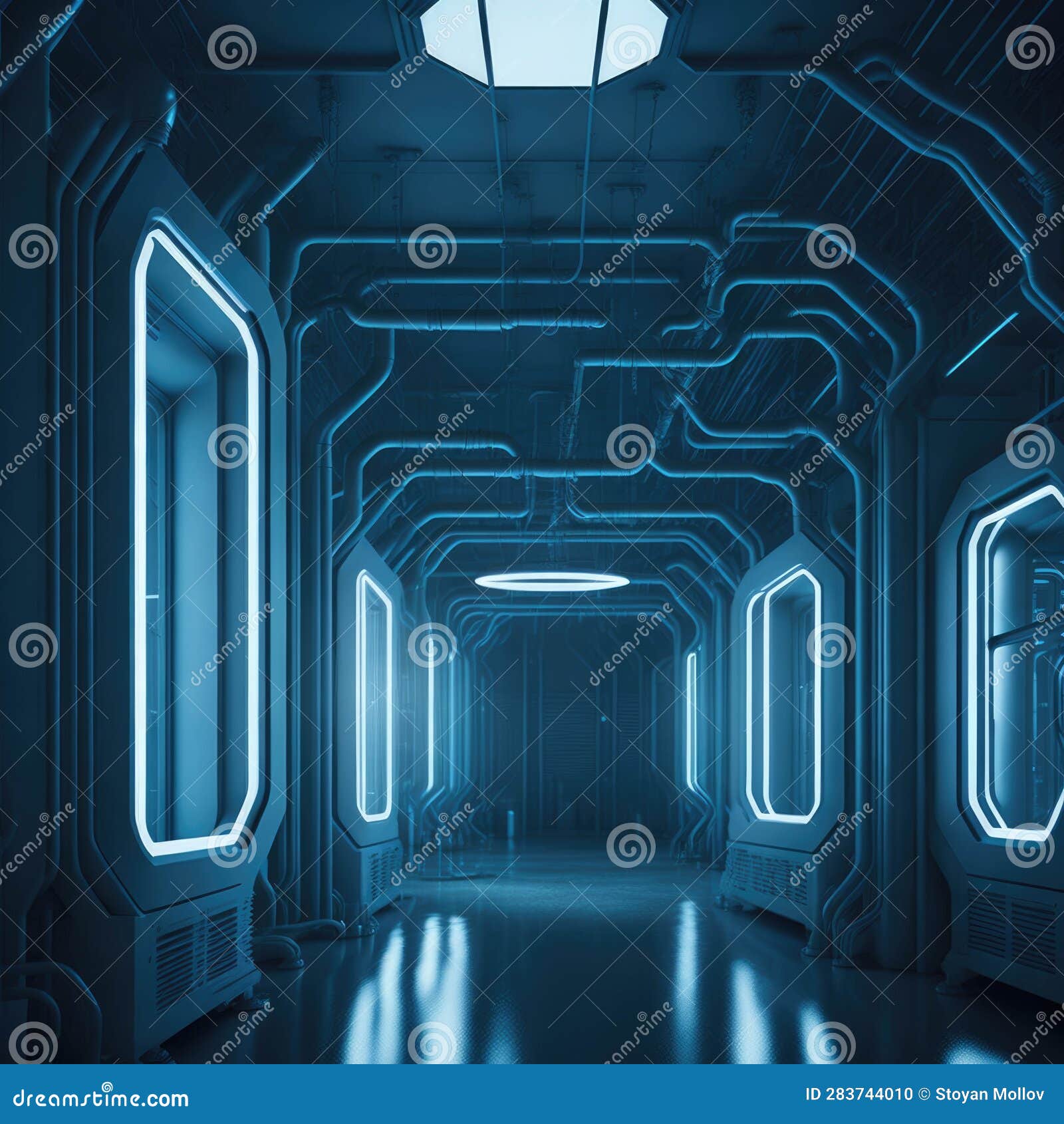 Empty Futuristic Sci-Fi Science Laboratory, Neon Lights on Wall and ...