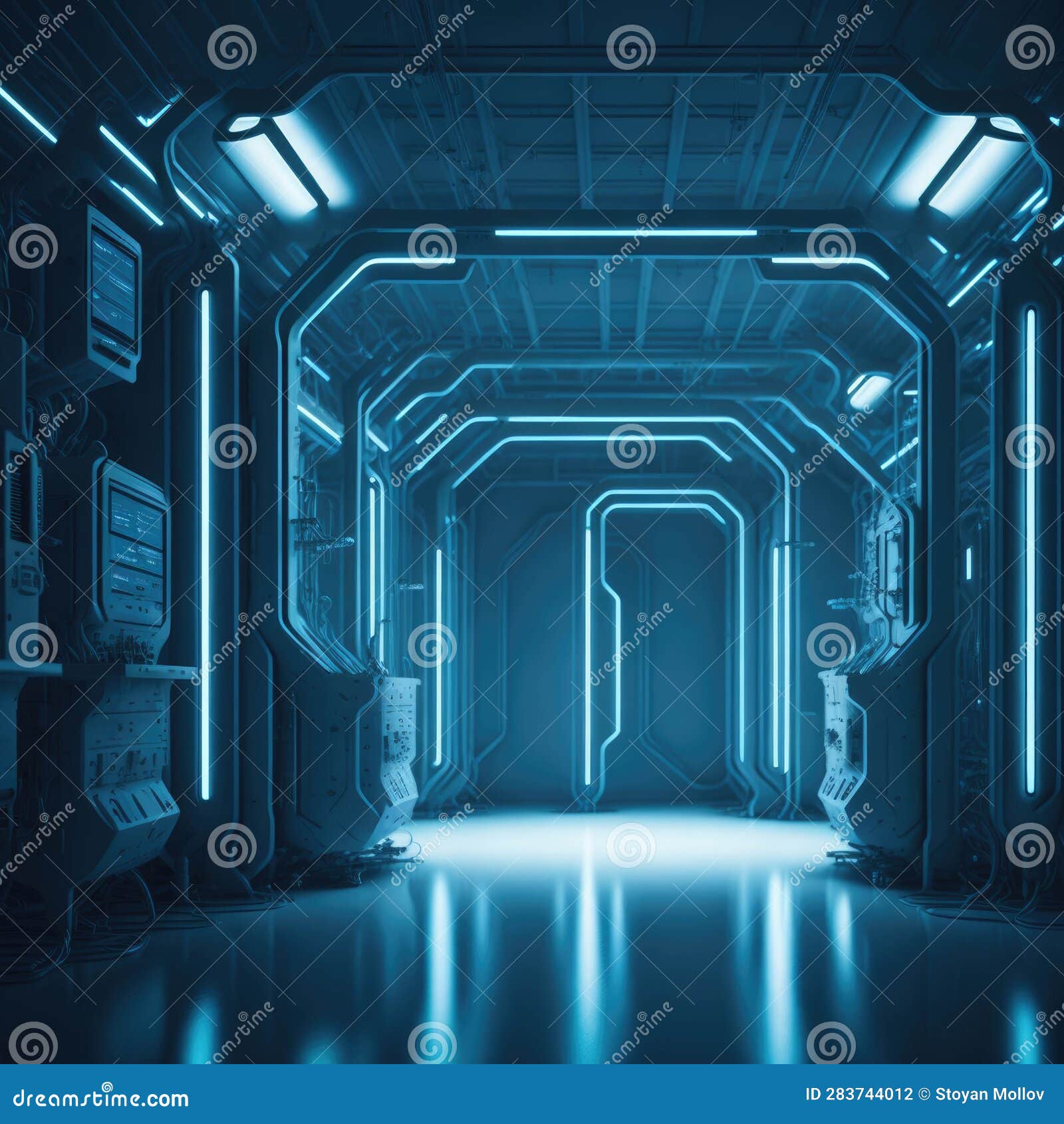 Empty Futuristic Sci-Fi Science Laboratory, Neon Lights on Wall and ...