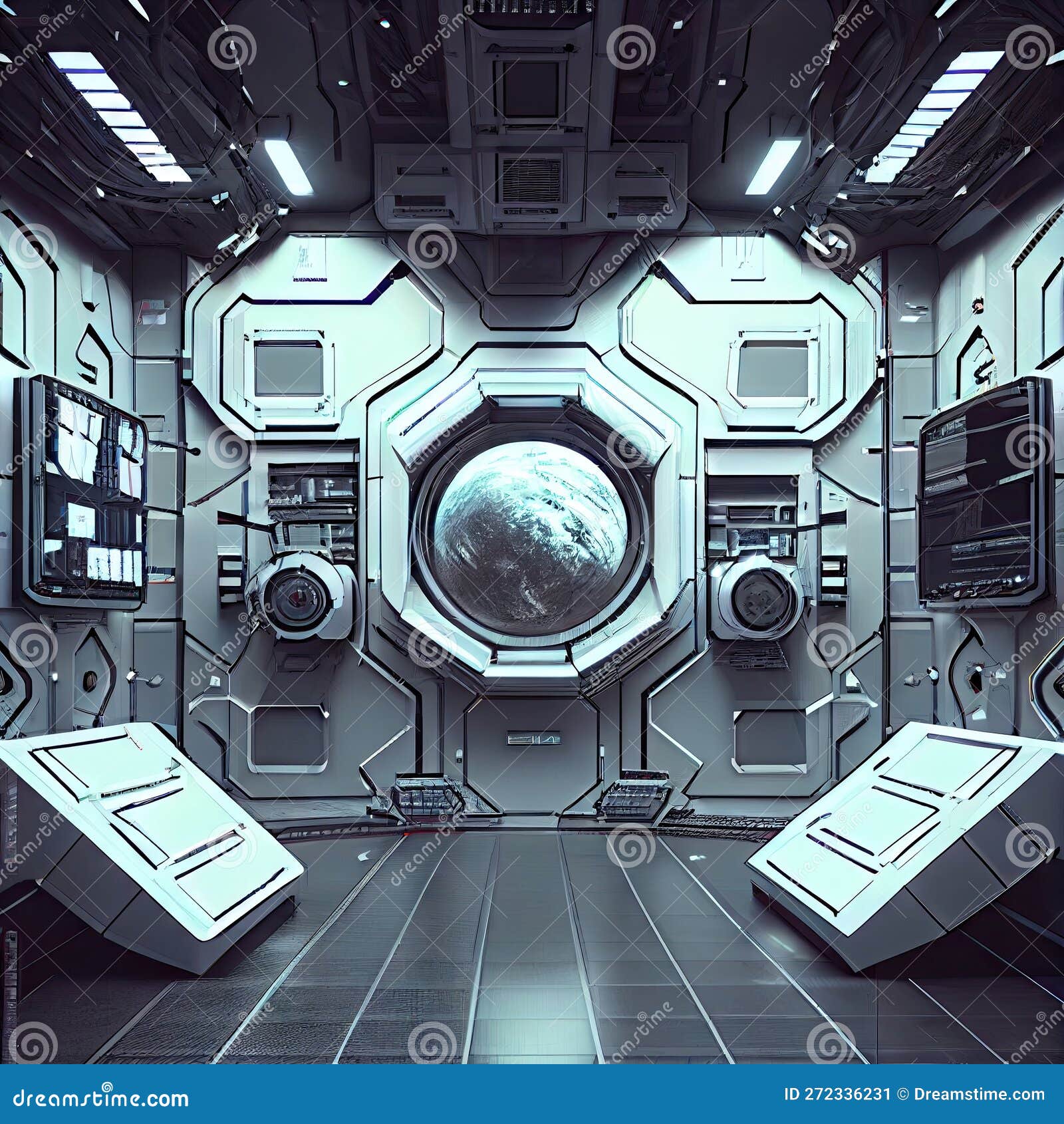 Empty Futuristic Technological Space with High Walls and Large Monitors ...