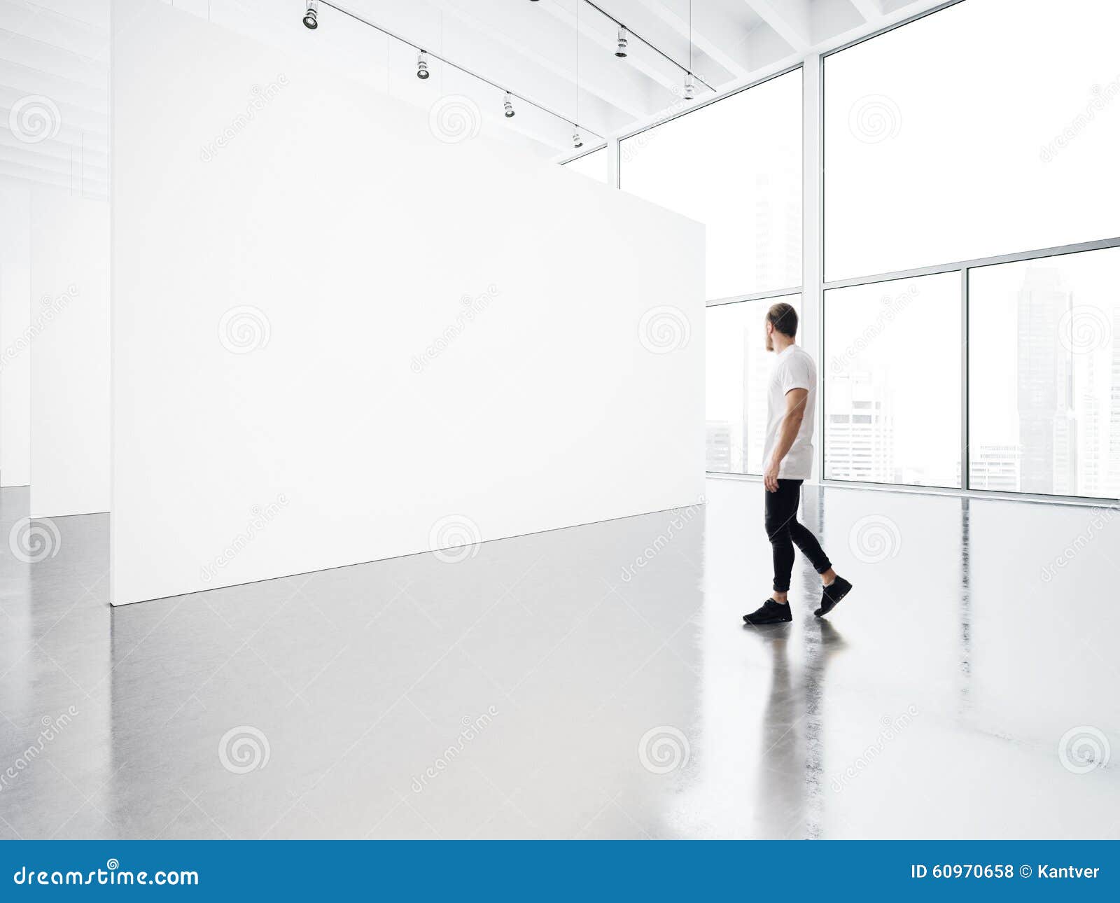 Empty Gallery Interior with White Canvas and Young Stock Photo - Image ...