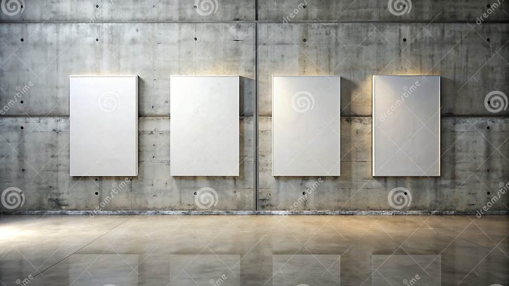 Empty Gallery Wall with Concrete, 4 Blank Frames, Minimalist Design ...