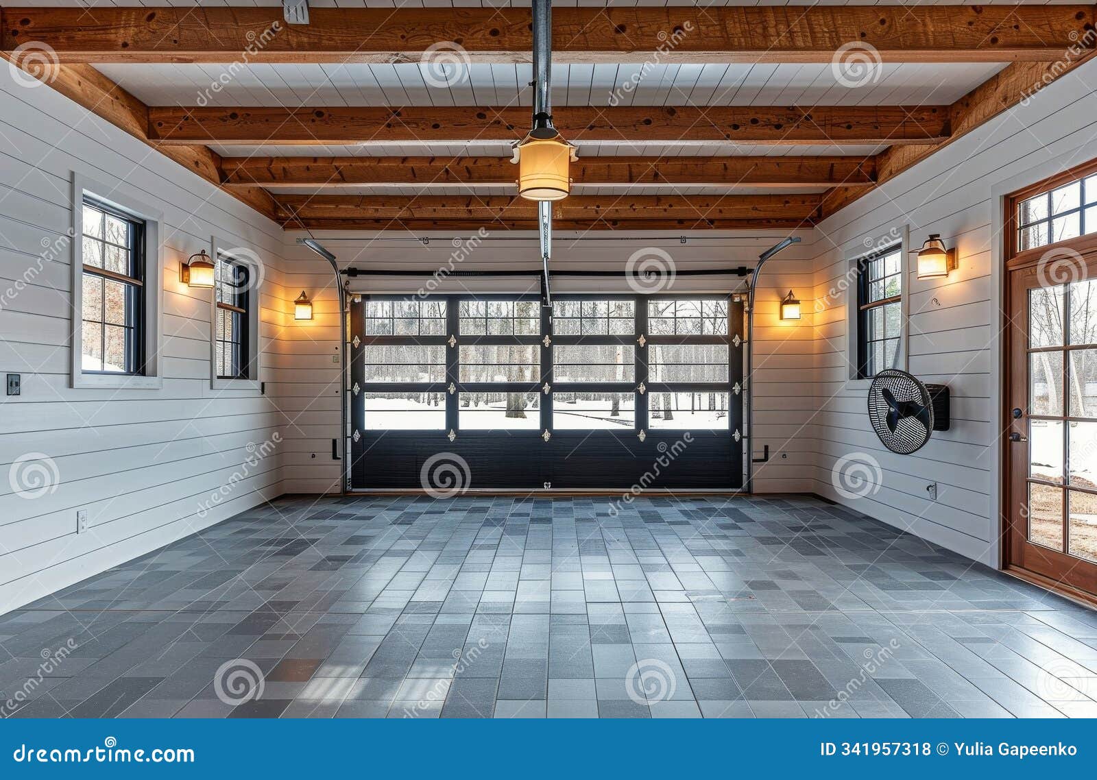 Empty Garage with Open Garage Door at Night Stock Photo - Image of ...