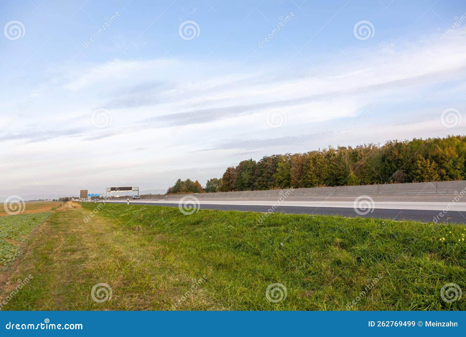 Empty German Autobahn In Dusseldorf With Blue Street Signs And White ...