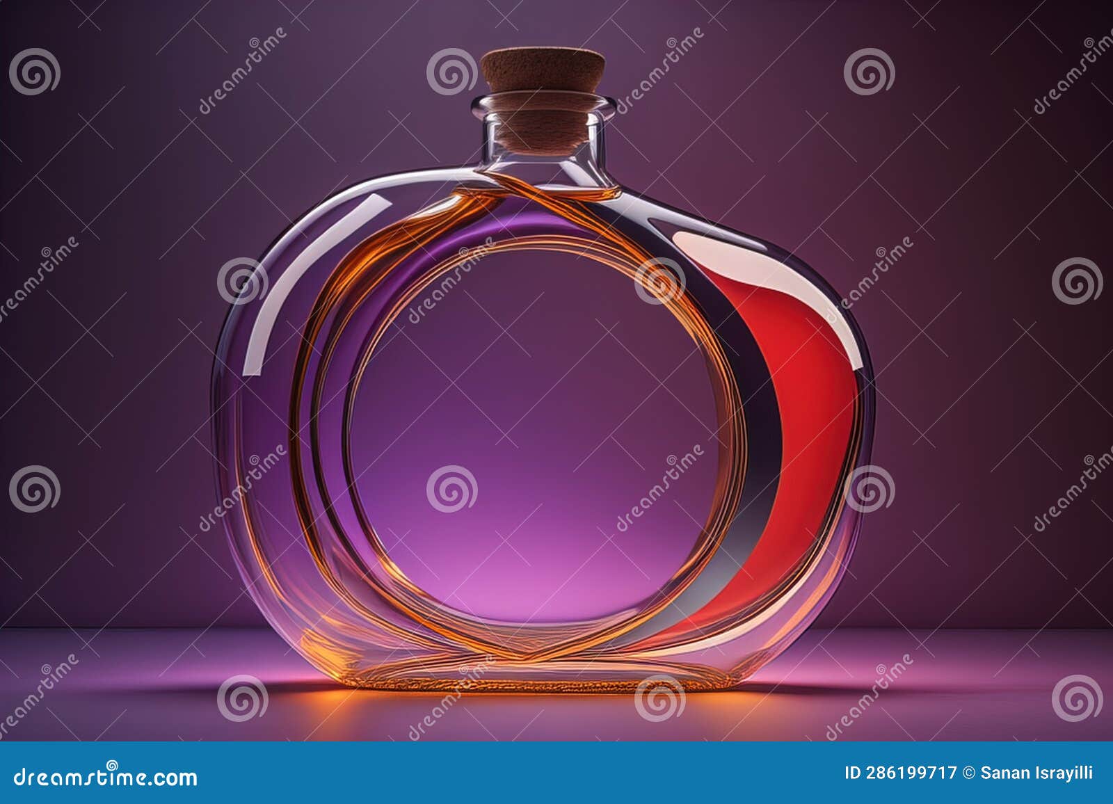Empty Glass Bottle with Red and Orange Liquid on Purple Background ...
