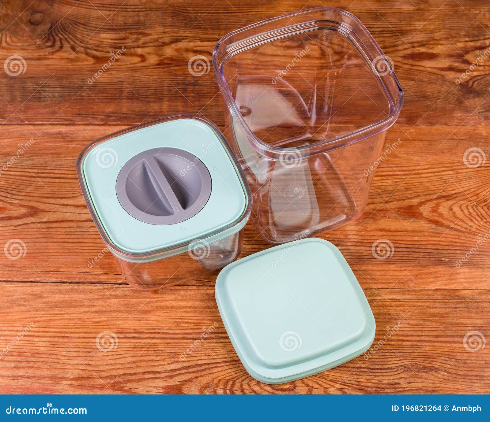 Empty Glass Food Storage Containers on Rustic Table, Top View Stock ...