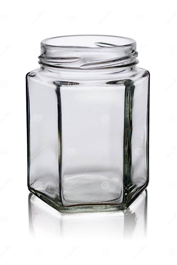 Empty Glass Jar of a Six-sided Form with Reflection on a White ...