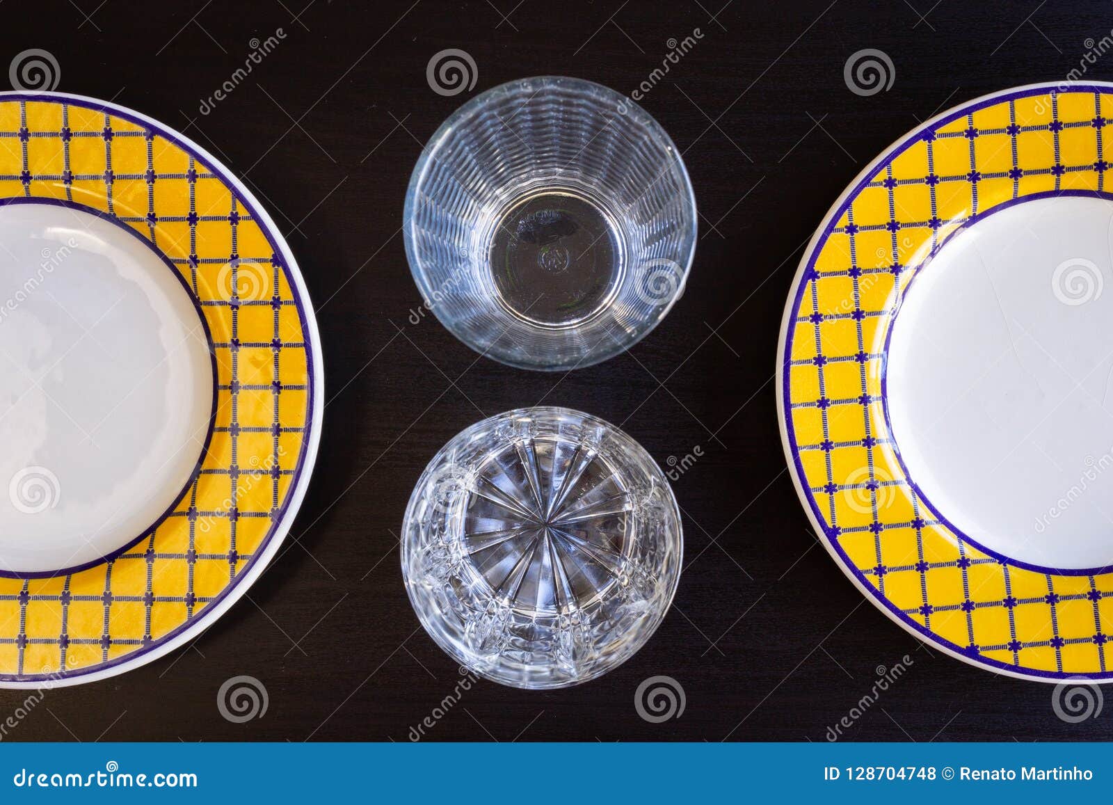 Empty Glasses and Plates on Black Wooden Background Stock Photo - Image ...