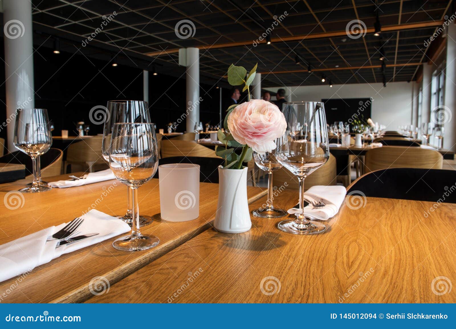 Empty Glasses Set with Tissues and Red Rose in the Restaurant Stock ...