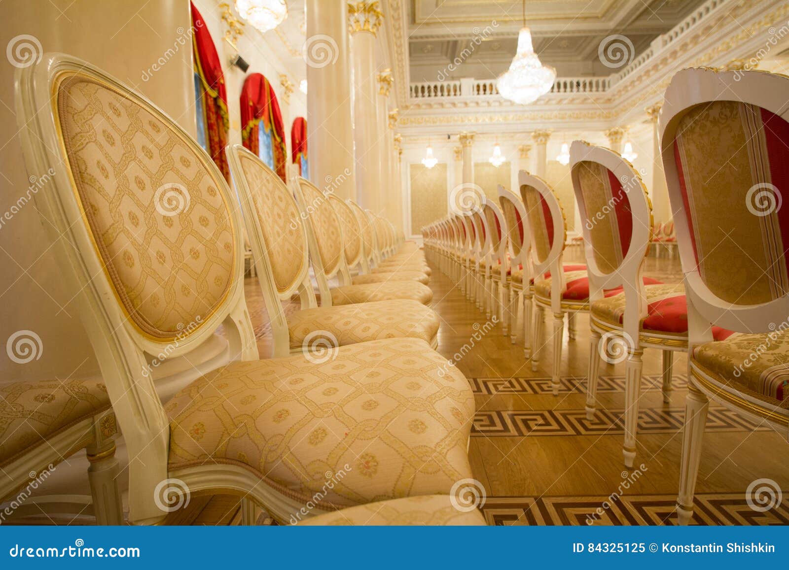 Empty Golden Luxury Chairs in the Ballroom Stock Image - Image of hotel ...