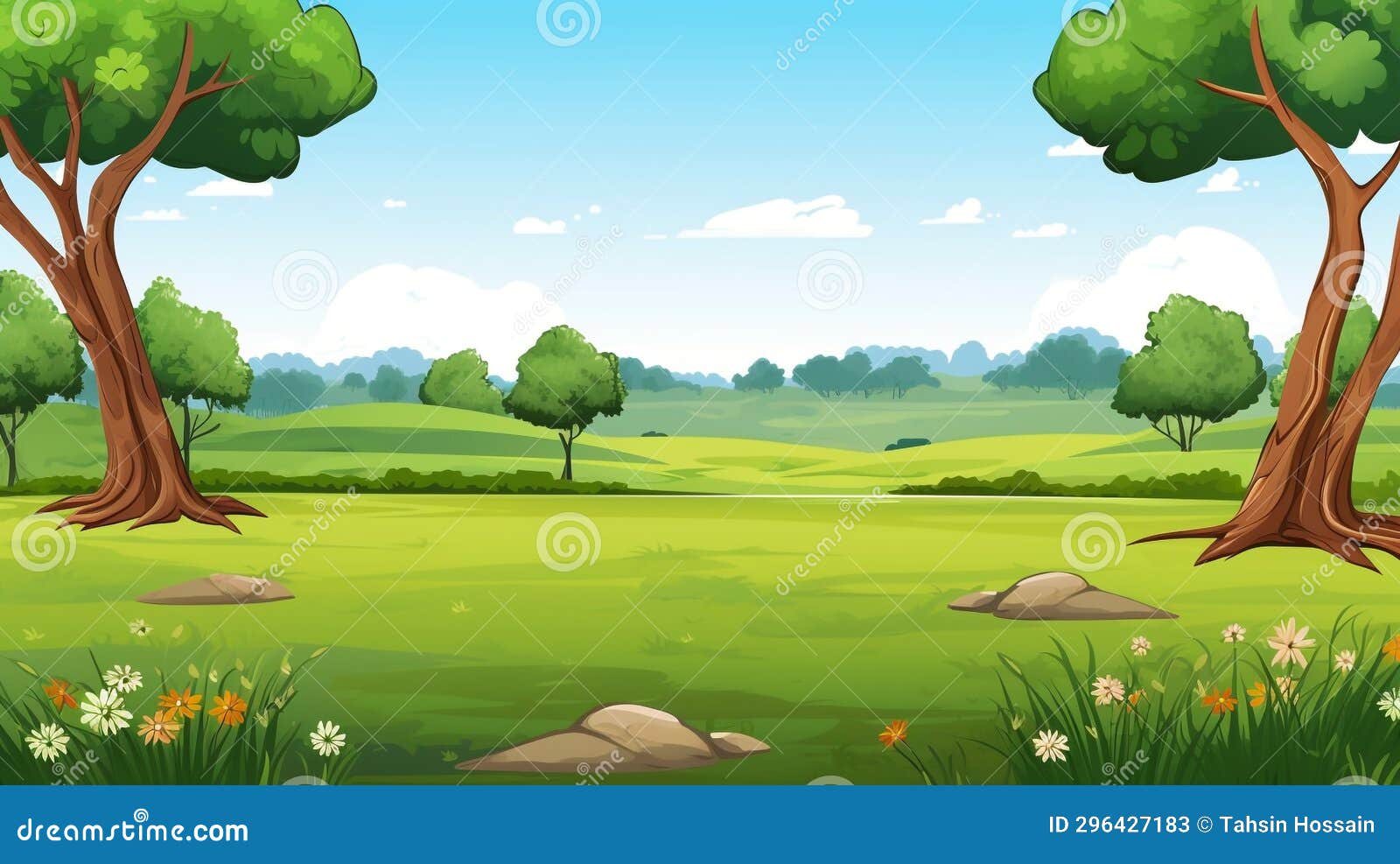 An Empty Grass Land, Dense Trees in the Background, Cartoon-style, AI ...