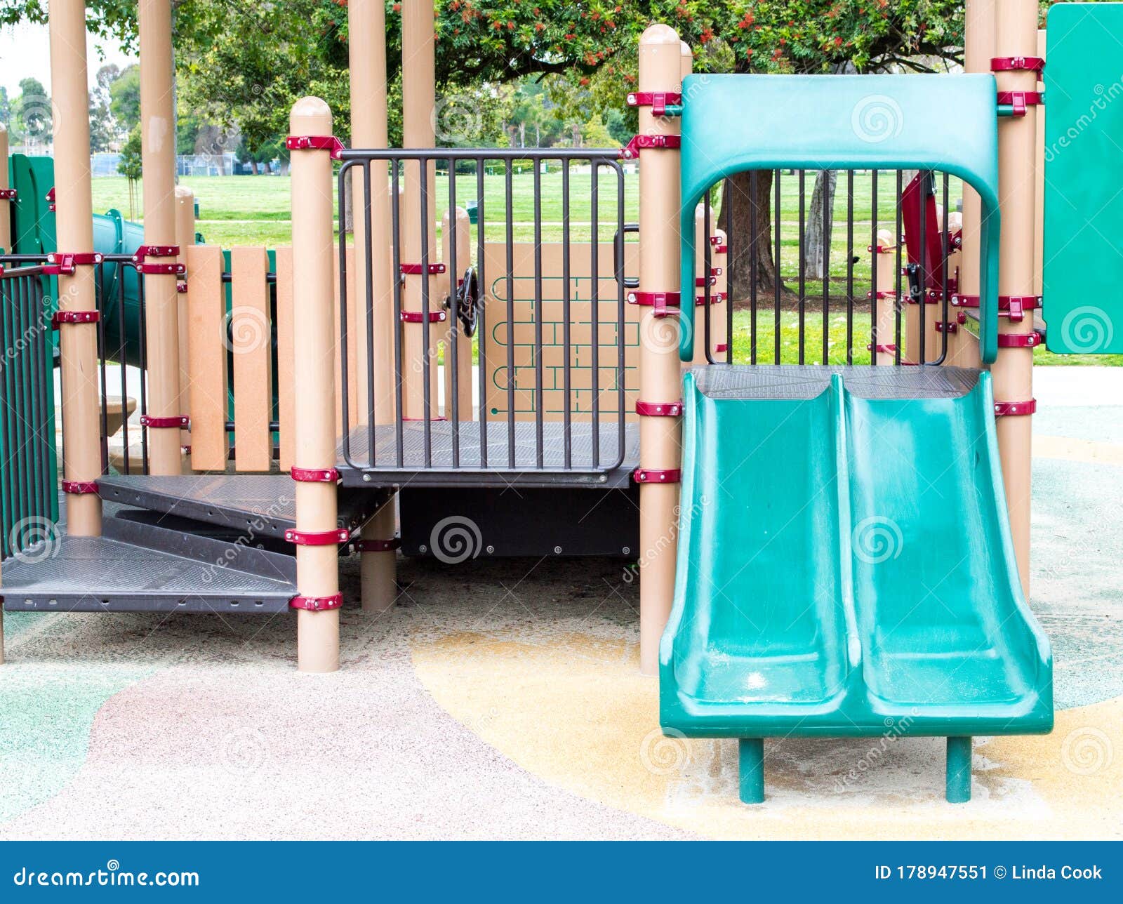 Empty Green Plastic Slide at a Closed Playground Stock Image - Image of ...