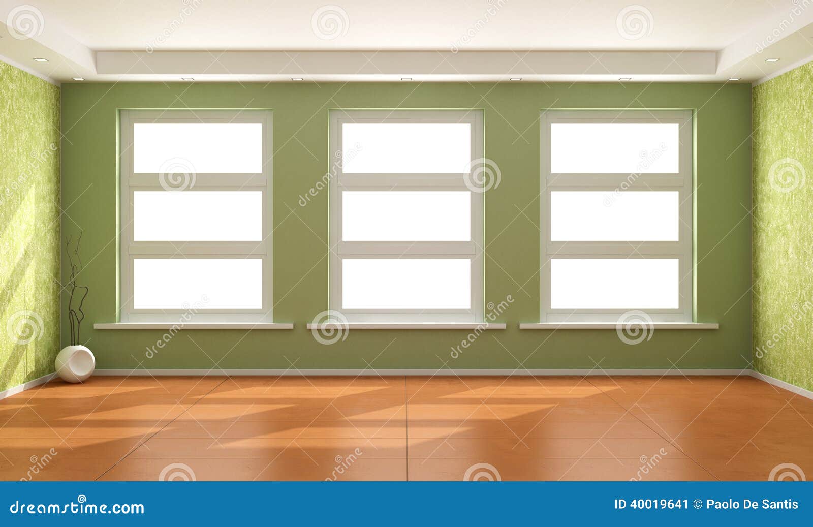 Empty Green Room with Three Windows Stock Illustration - Illustration ...
