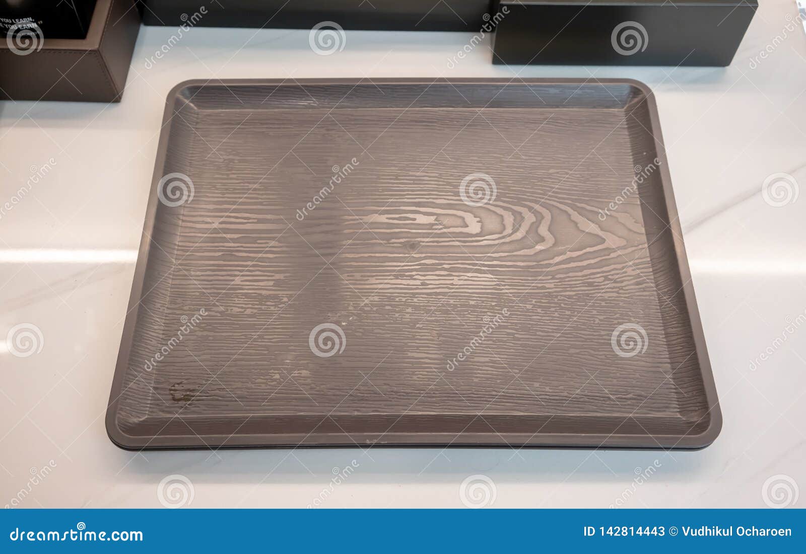 Empty Grey Plastic Tray with Wooden Pattern and Texture on White Table ...
