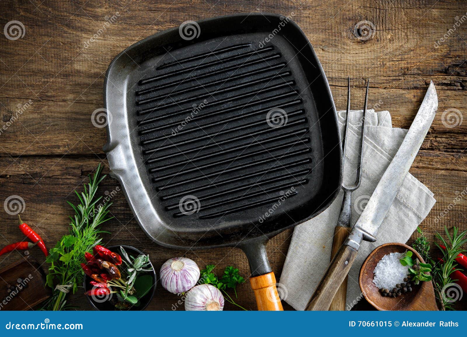 Empty Grill Pan with Seasonings and Meat Fork Stock Image - Image of ...