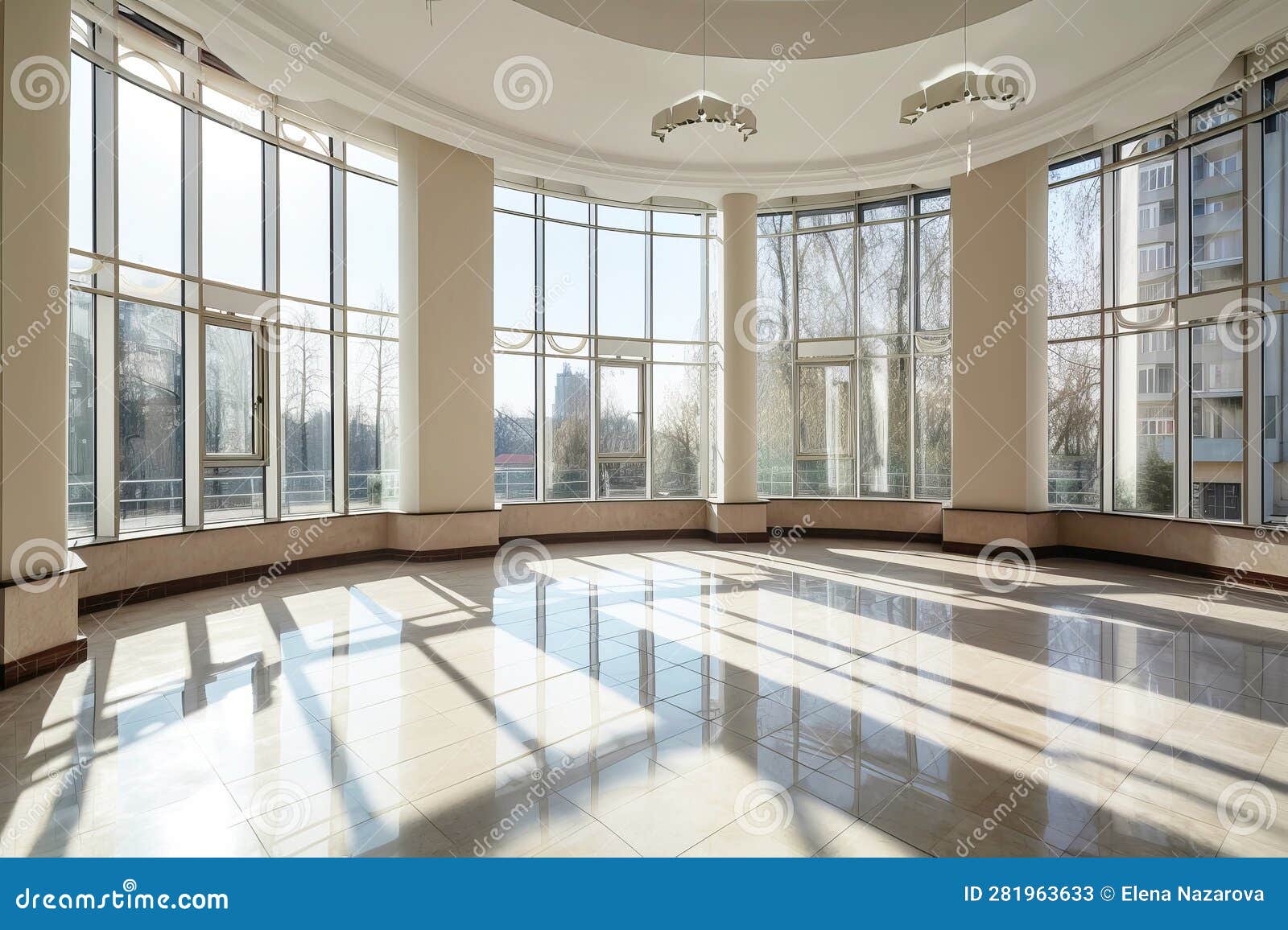 Empty Hall Building Interior with Tall Panoramic Windows. Generative AI ...