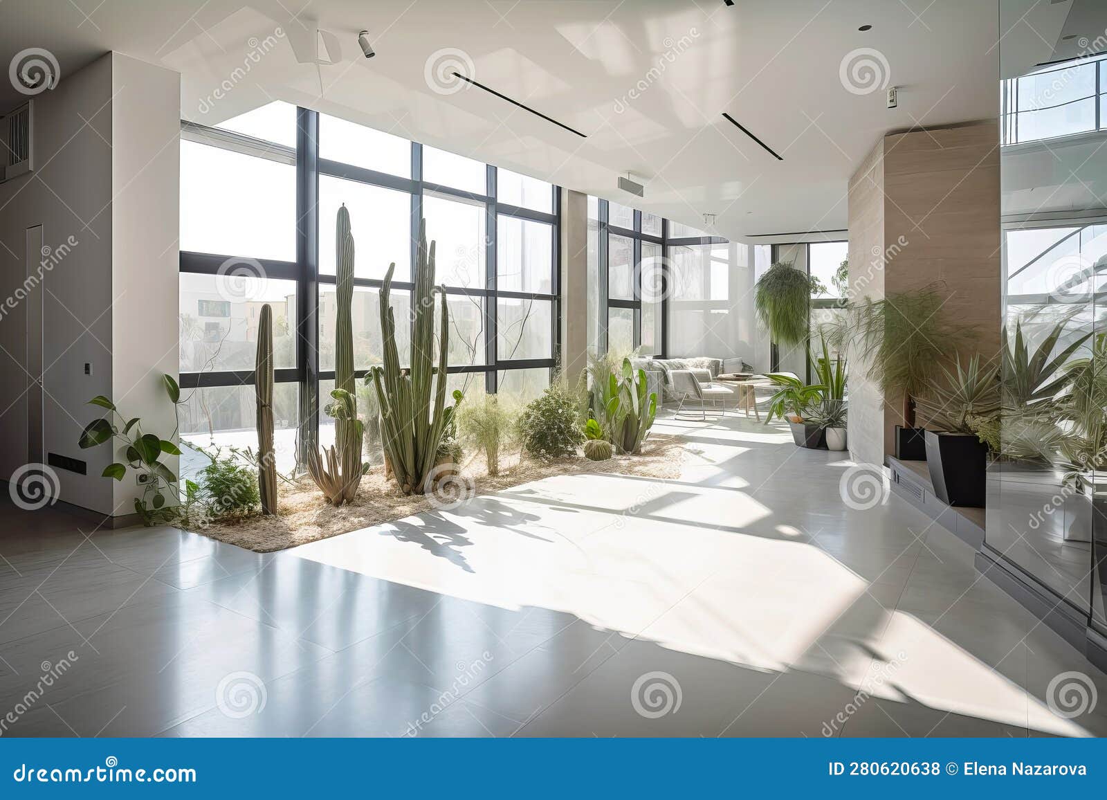 Empty Hall in Modern Building with Tall Windows and Seating Area ...