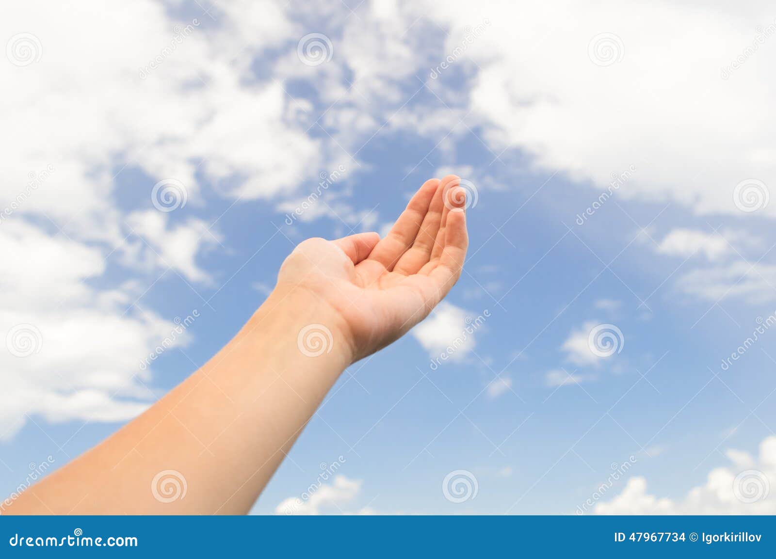 Empty Hand Palm on the Blue Sky with Clouds Stock Photo - Image of hand ...
