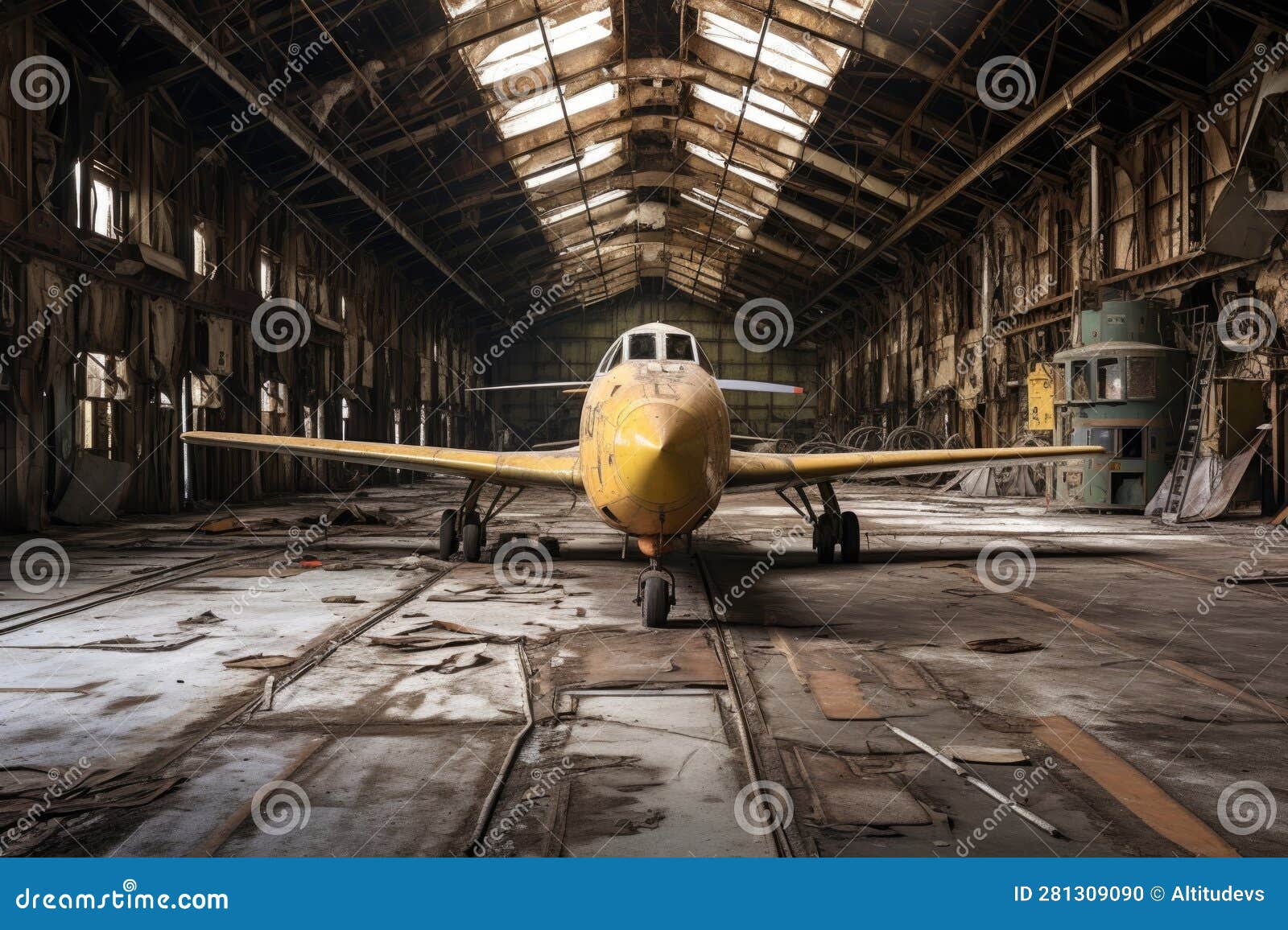 An Empty Hangar with Decaying Aviation Equipment Stock Illustration ...