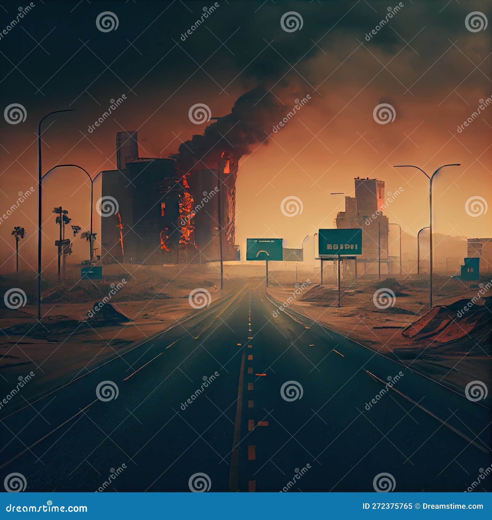 Empty Highway through Postapocalyptic City with Smoking Fires Stock ...