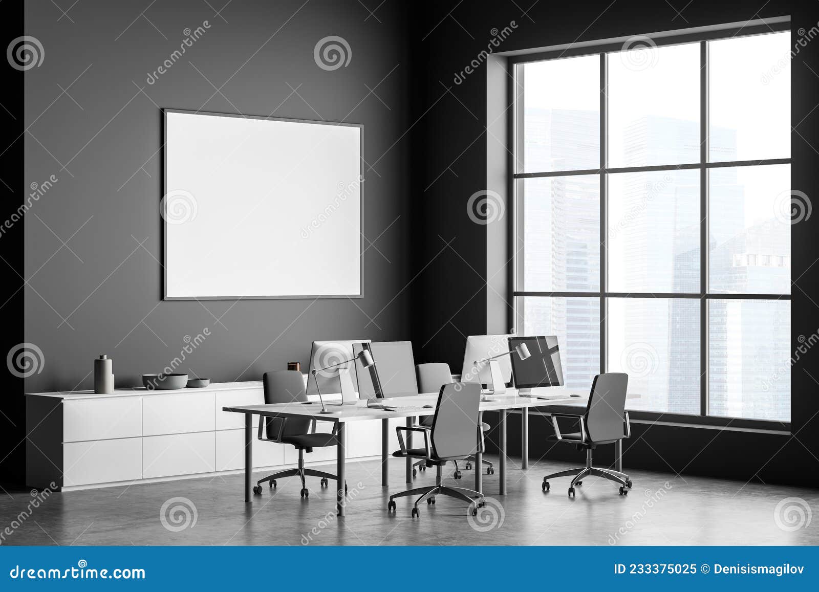 Empty Horizontal Canvas in Panoramic Grey Office with Work Station ...
