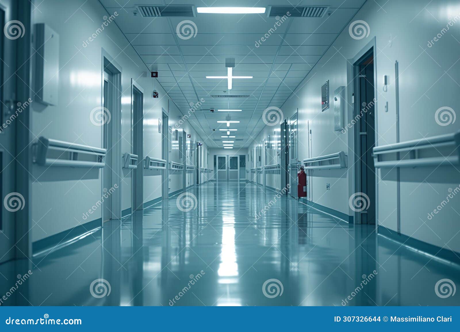 Empty Hospital Corridor with Fluorescent Lighting and Reflection on ...