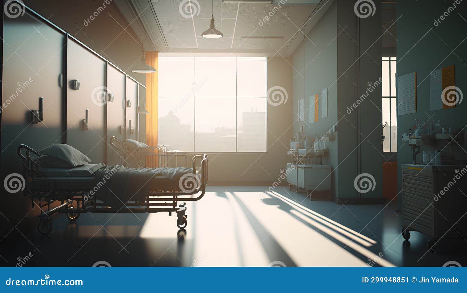 Empty Hospital Ward Interior with Empty Bed and Window with City View ...