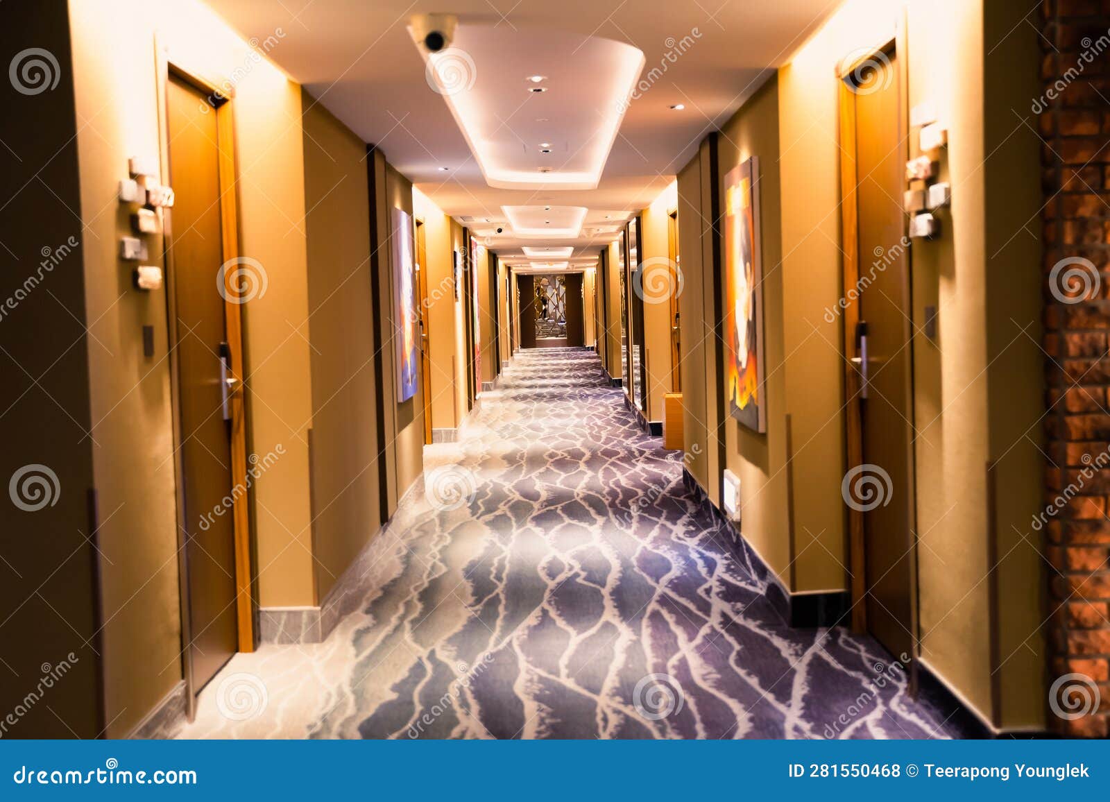 Empty Hotel Corridor View at Night with Lights Stock Photo - Image of ...
