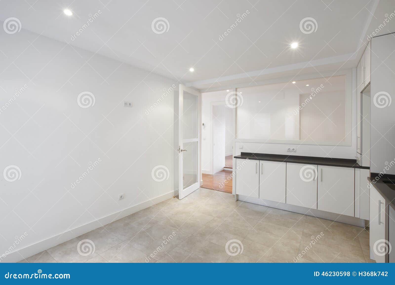 Empty House Kitchen with White Furniture Stock Photo - Image of ...