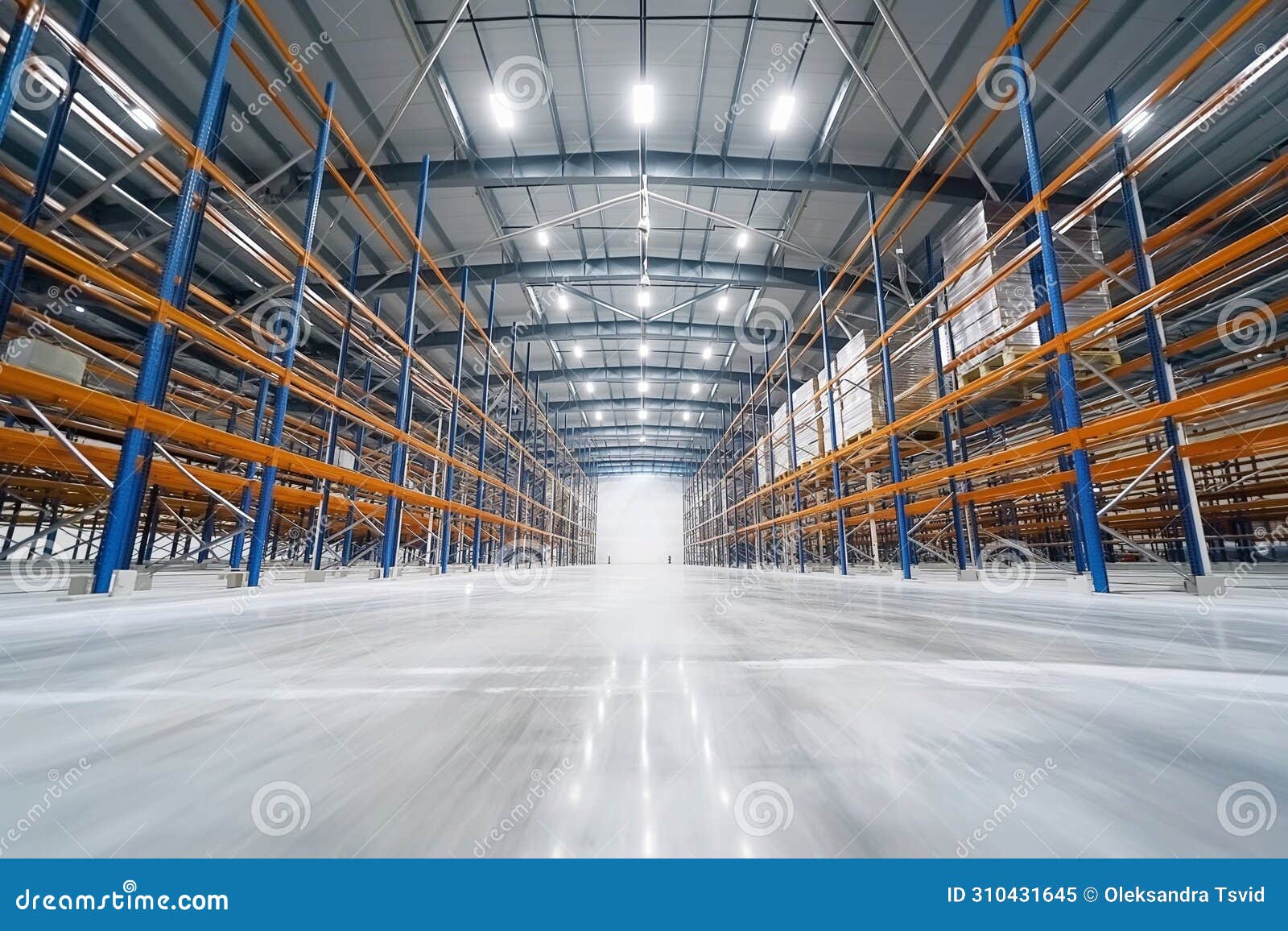 Empty Huge Distribution Warehouse With High Shelves And Pallet, Modern ...