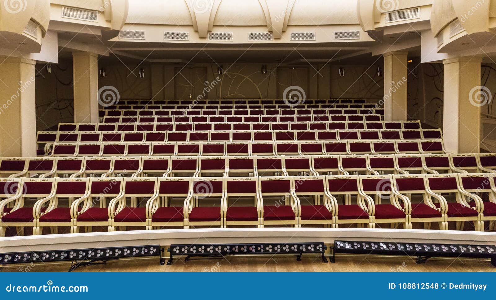 Empty Huge Hall Interior with Rows of Red Chairs Stock Photo - Image of ...