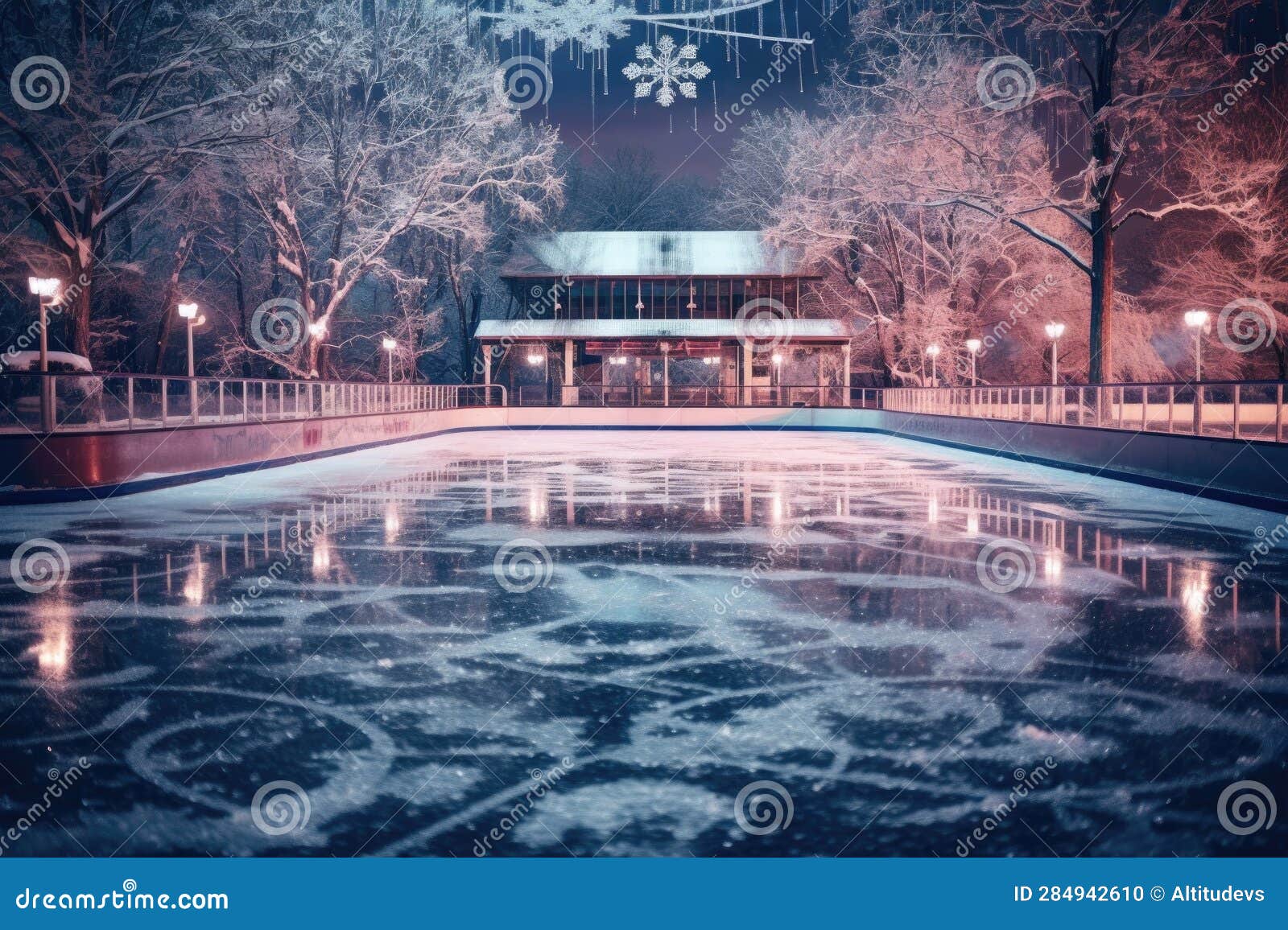 Empty Ice Rink with Snowflakes Falling on Frozen Lake Stock Photo ...