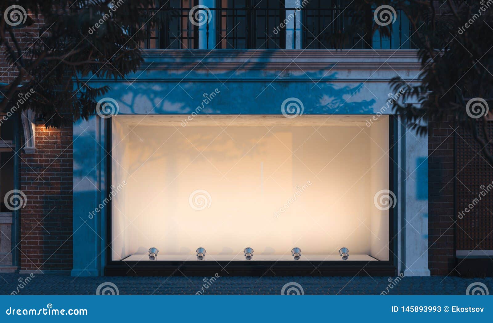 Empty Illuminated Storefront. Night Time. 3d Rendering. Copy Space ...