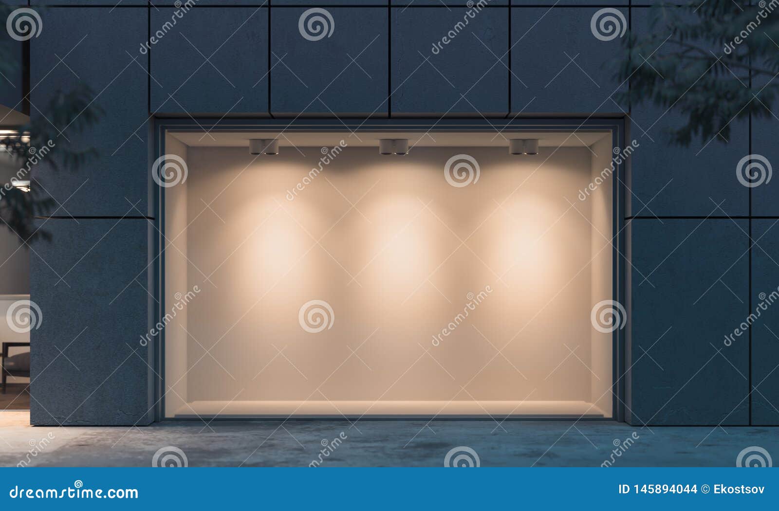 Empty Illuminated Storefront. Night Time. 3d Rendering. Copy Space ...