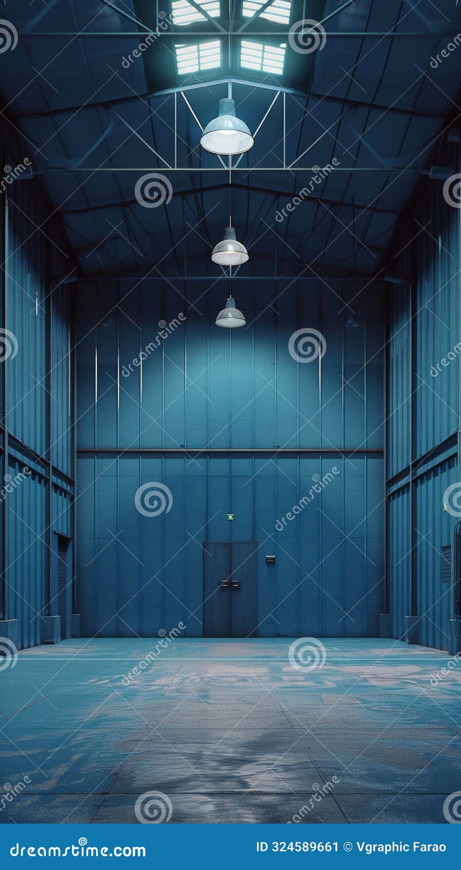 Empty Industrial Warehouse Interior with Blue Walls and Ceiling Lights ...
