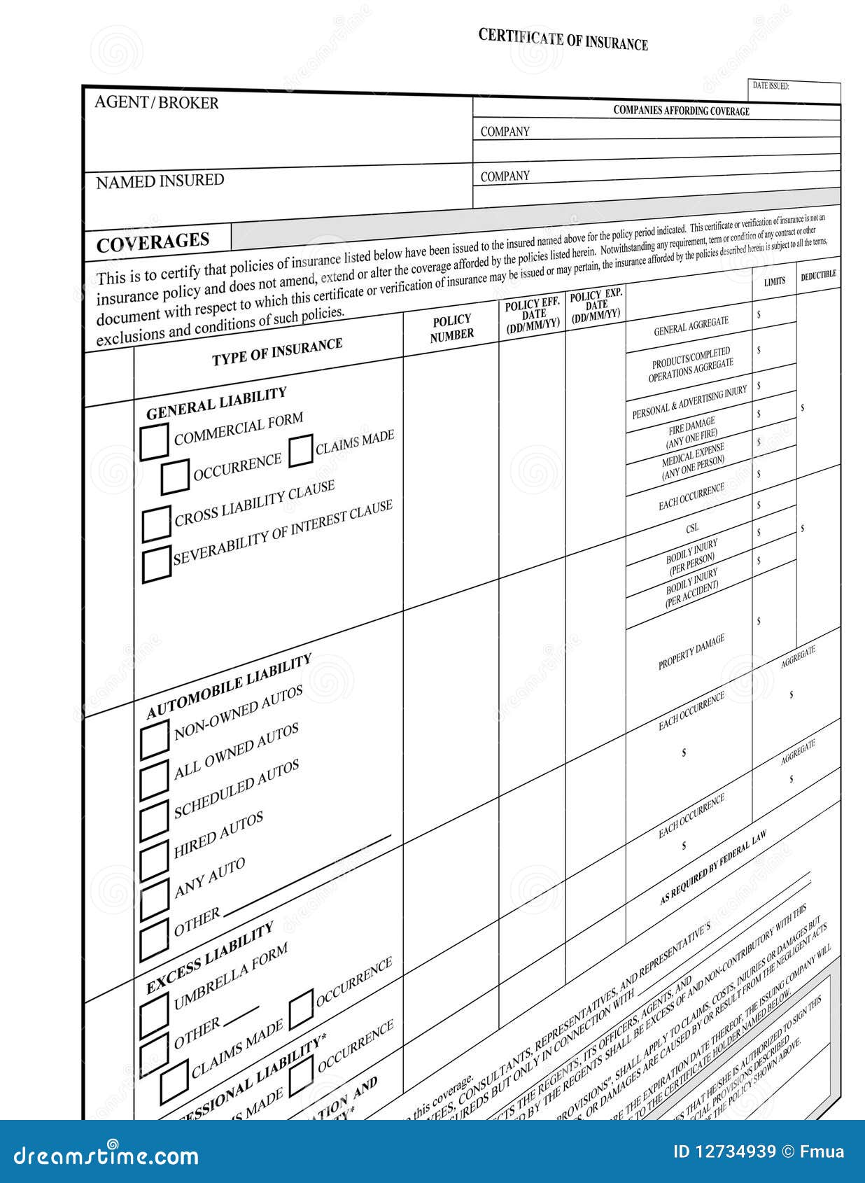 Empty Insurance Form Blank, Stock Image - Image of form, danger: 12734939