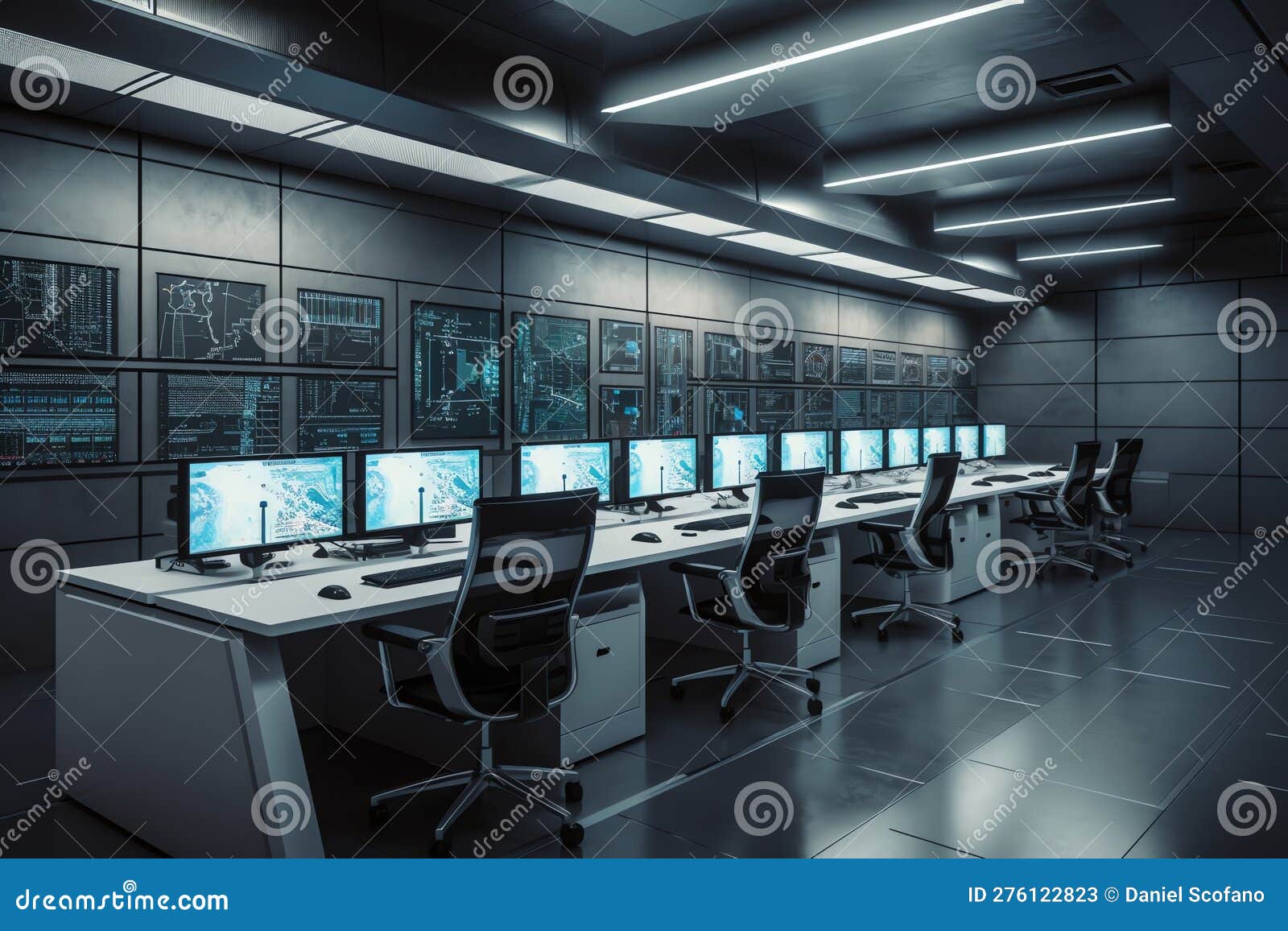 Empty Interior of Big Modern Security System Control Room, Workstation ...